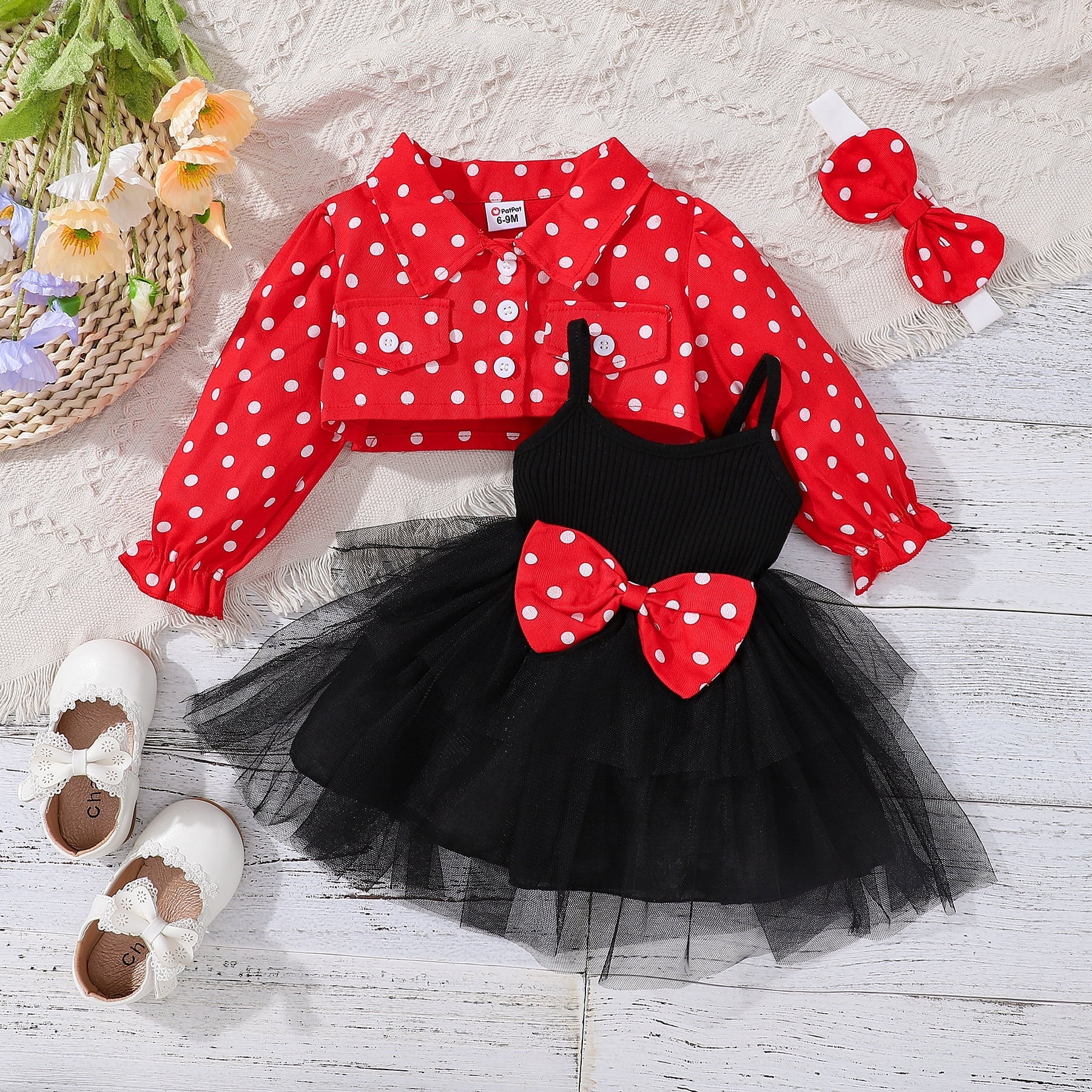 PatPat 3pcs Baby Girl 100% Cotton Long-sleeve Polka Dots Crop Jacket and Rib Knit Spliced Mesh ...