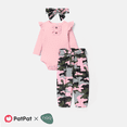PatPat 3pcs Baby Girl Solid Cotton Ribbed Long-sleeve Romper and Camouflage Print Belted Pants ...