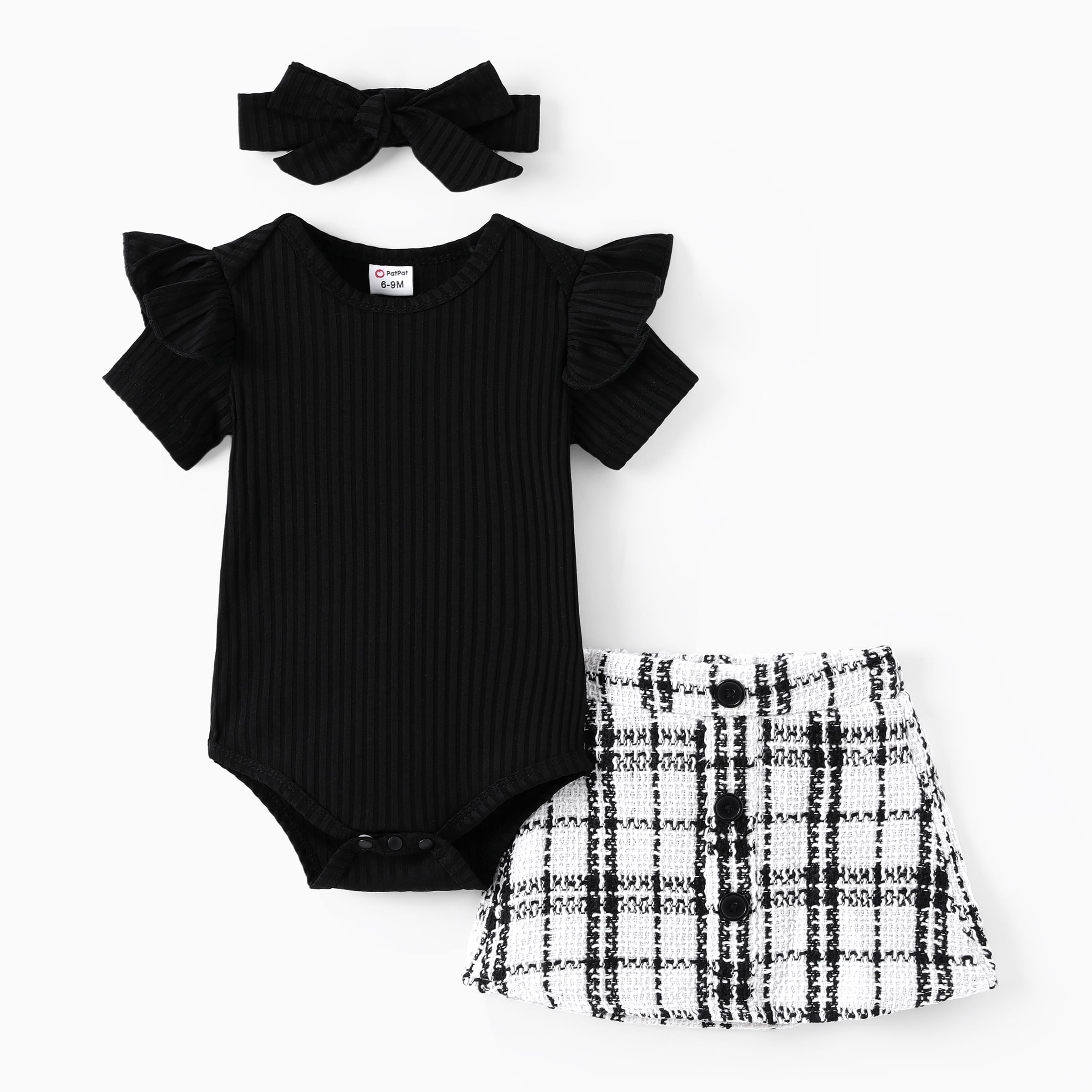 PatPat Baby Girl Outfit, Black Ribbed Bodysuit, Plaid Skirt, Bow ...