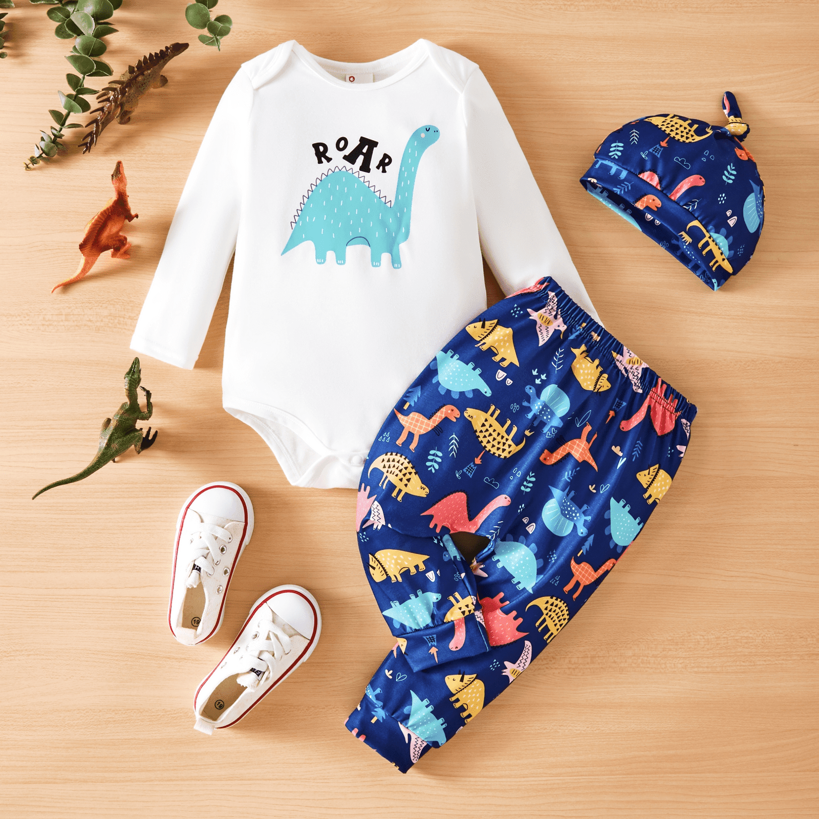 PatPat Baby Boy Outfit Set Long Sleeve Bodysuit and Pants with Dinosaur Print Hat Navy Blue 0-18 ...