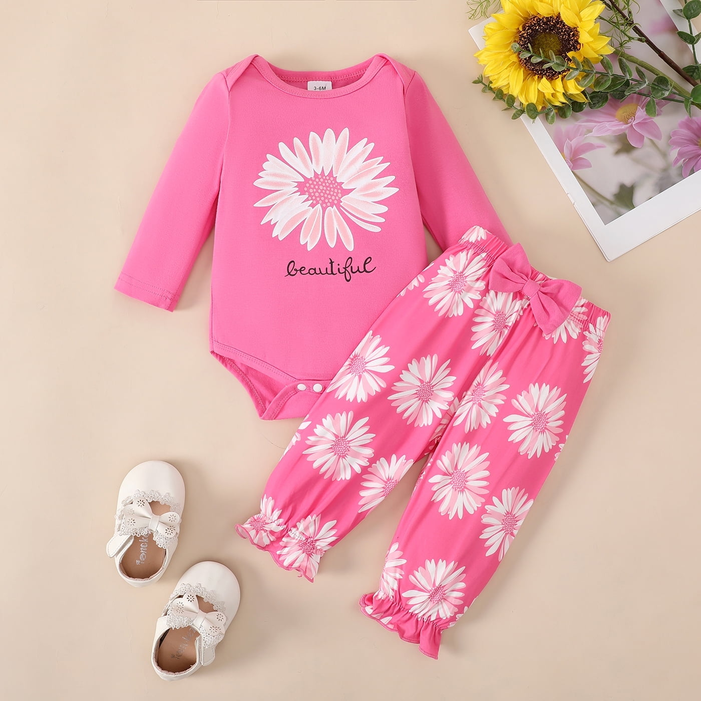 PatPat Baby Girl 2pcs 95% Cotton Sunflower Print Long-sleeve Bodysuit and Ruffle Bow Decor Pants ...