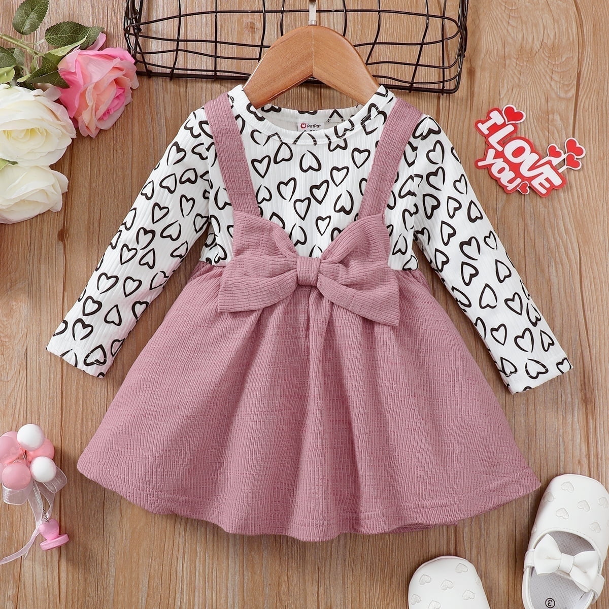 PatPat Baby Girl Allover Heart Print Bow Front Long-sleeve Spliced Dress - Walmart.com