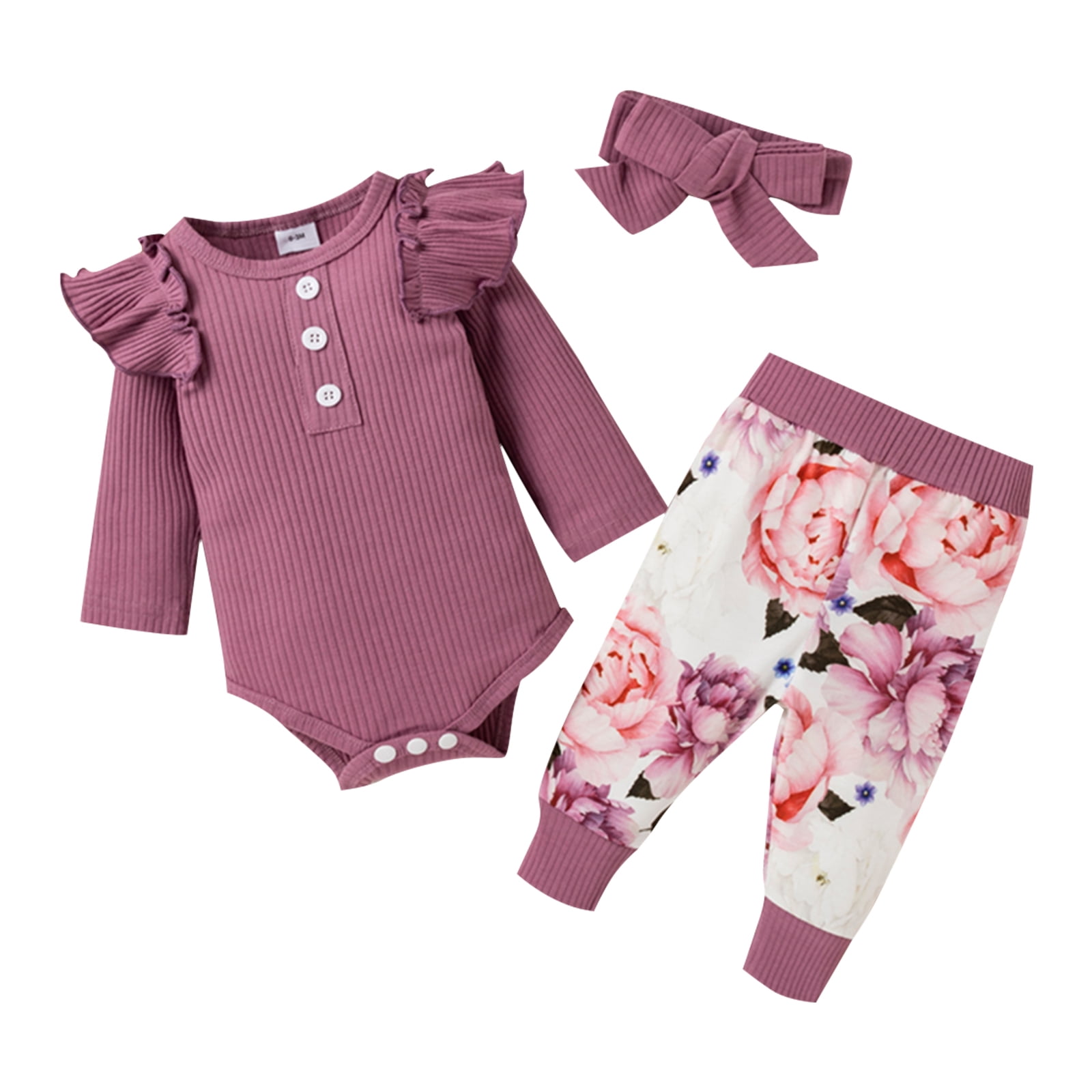 PatPat Newborn Cute Pretty Baby Girl's 3pcs Rose Floral Long Sleeve Romper Set, 0-3 Months ...