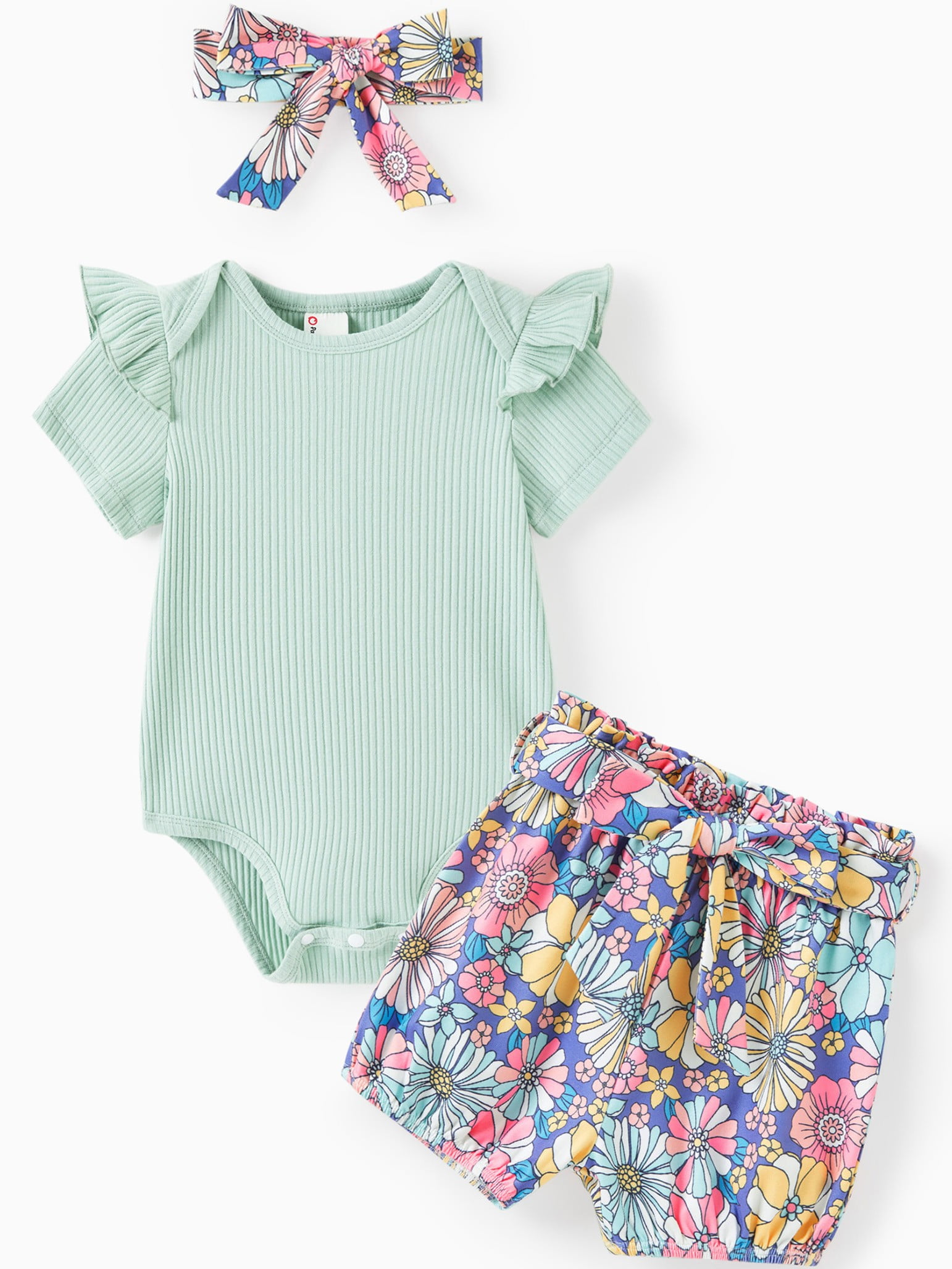 PatPat Baby Girl Clothing Set 3Pcs Ribbed Bodysuit Floral Shorts ...