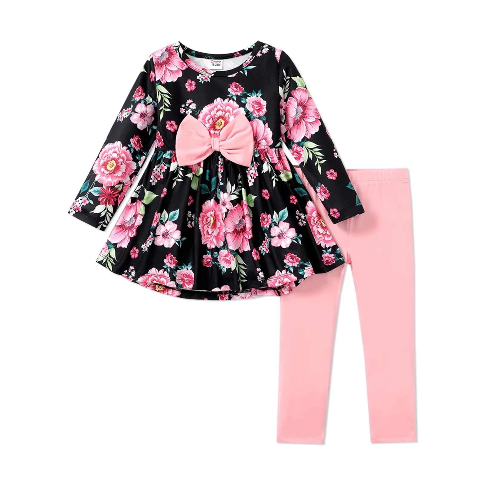 PatPat Baby Girl Outfit Sets 2PCS Toddler Girl Bow Skirt Flower Shirt & Pants Set, Black-Pink3 ...