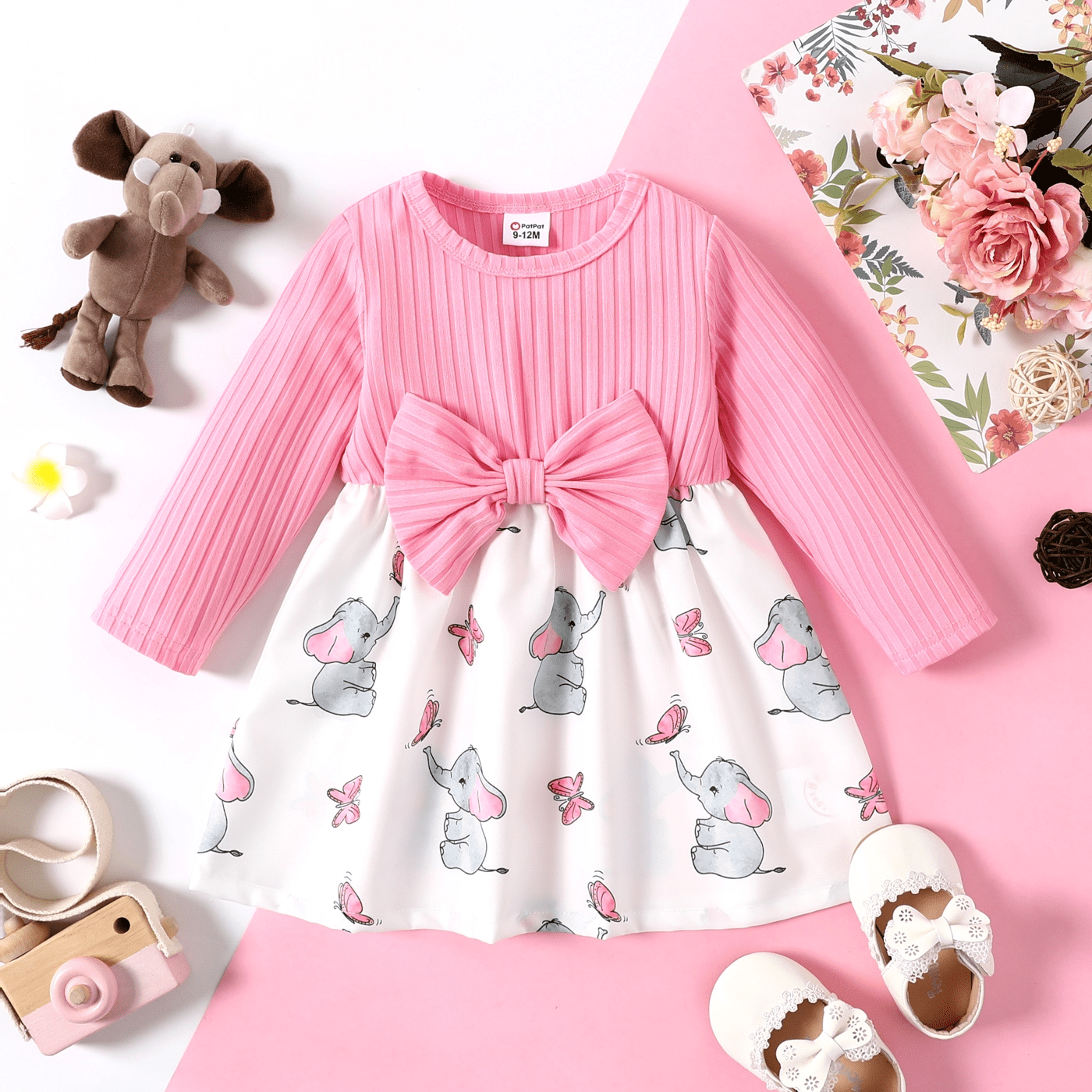 PatPat Baby Girl Pink Ribbed Bowknot Long-sleeve Splicing Cartoon Elephant Print Dress - Walmart.com