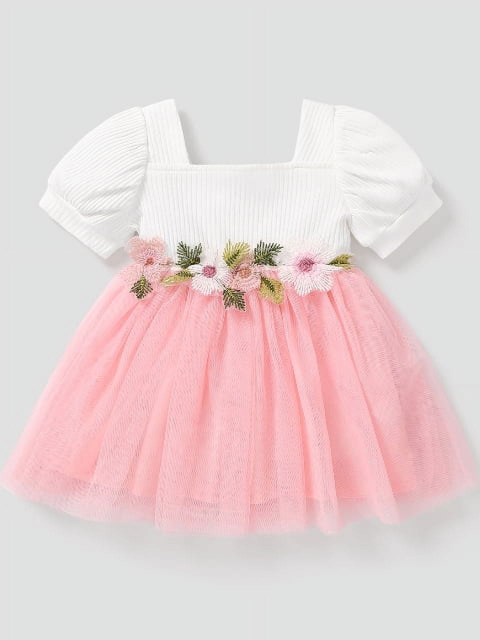 PatPat Fancy Infant Baby Girls Floral Mesh Puff-Sleeve Pink Tutu ...