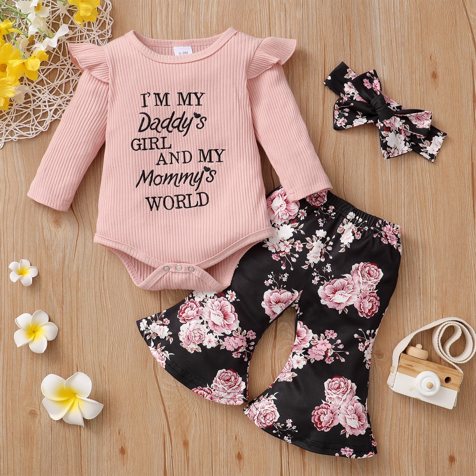 PatPat Baby Girls Romper Flare Pants Outfit Set,3pcs Letter Embroidered ...