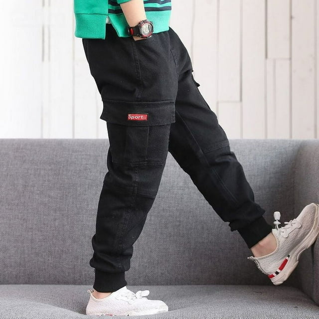 PatPat Boys Long Fit Trousers, Cargo Pants with Pocket, Cotton Solid ...