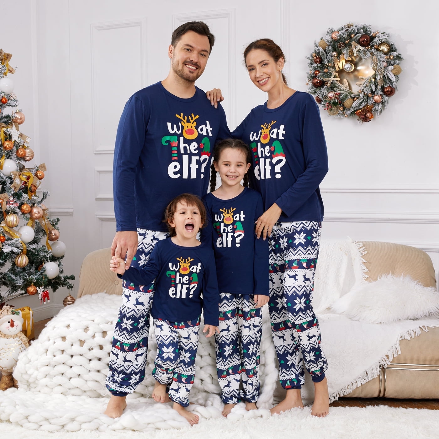 PatPat Christmas Family Matching Pajamas Dark Blue Elf Graphic Long ...