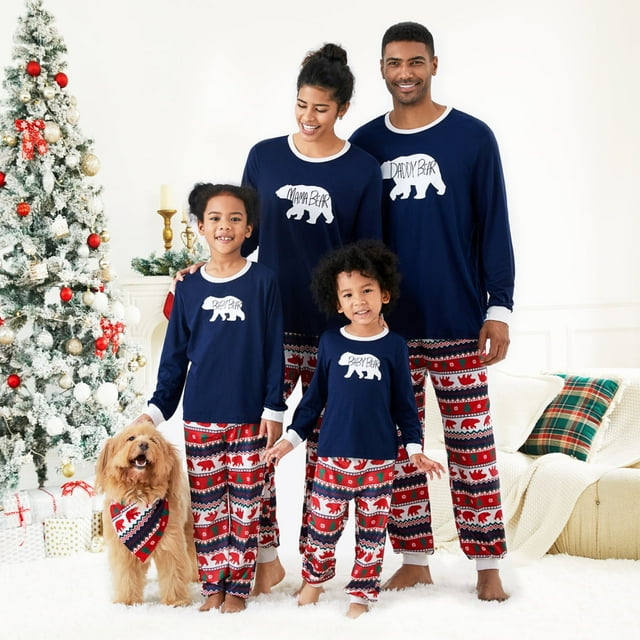 PatPat Christmas Pajamas Dark Blue Bear Print Family Matching Outfits ...