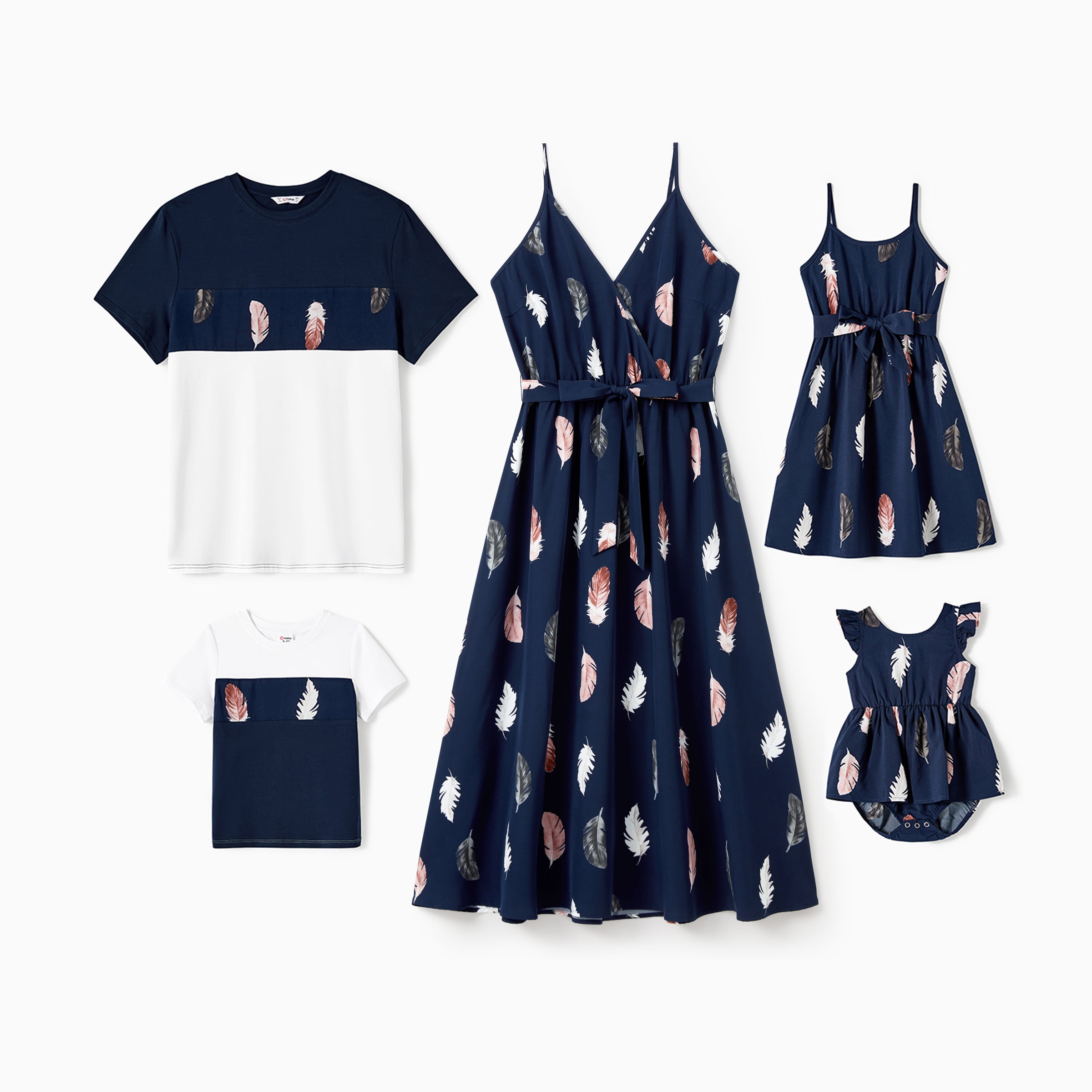 PatPat Family Matching Allover Feather Print Belted Cami Dresses and ...