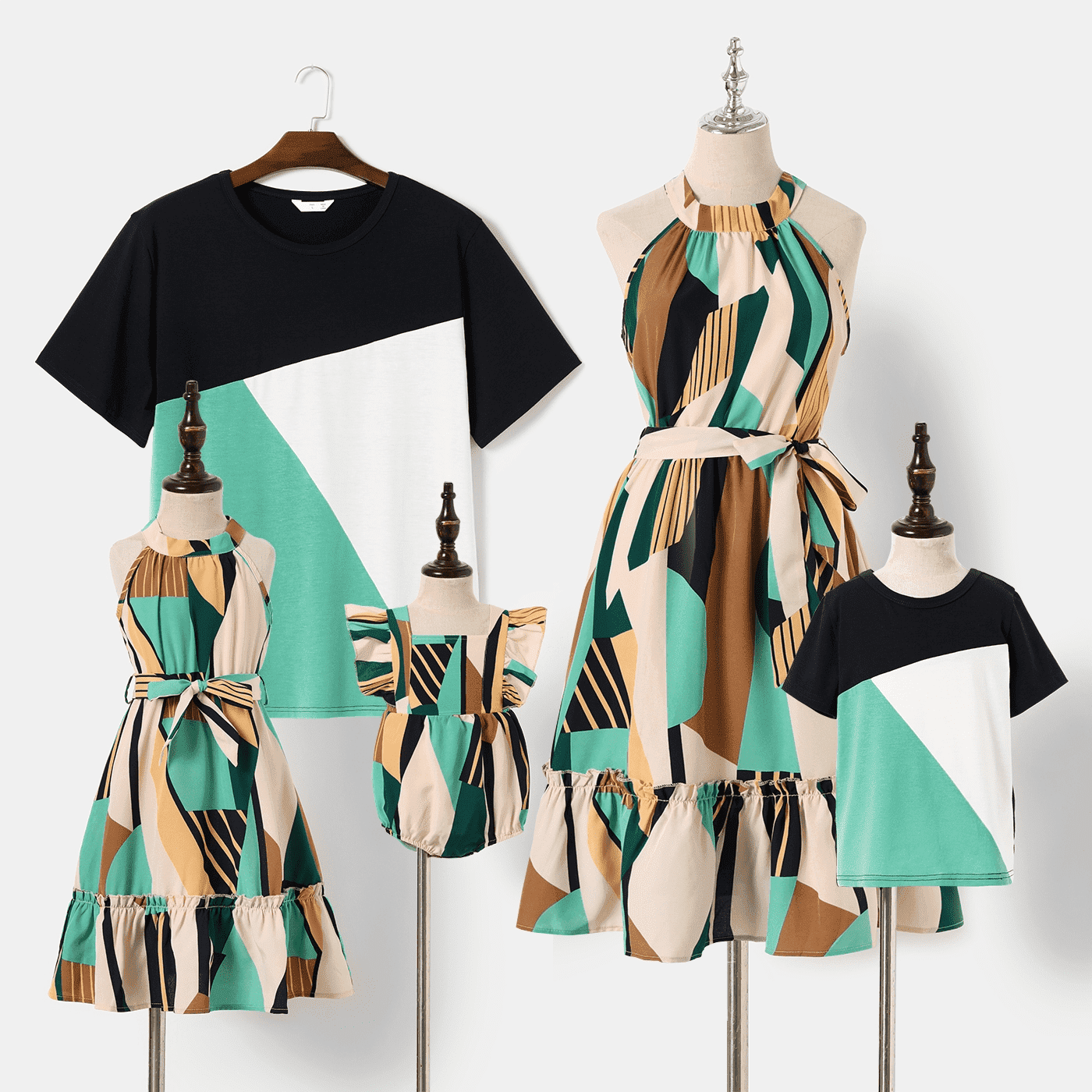 PatPat Family Matching Allover Geo Print Halter Neck Belted Dresses and ...