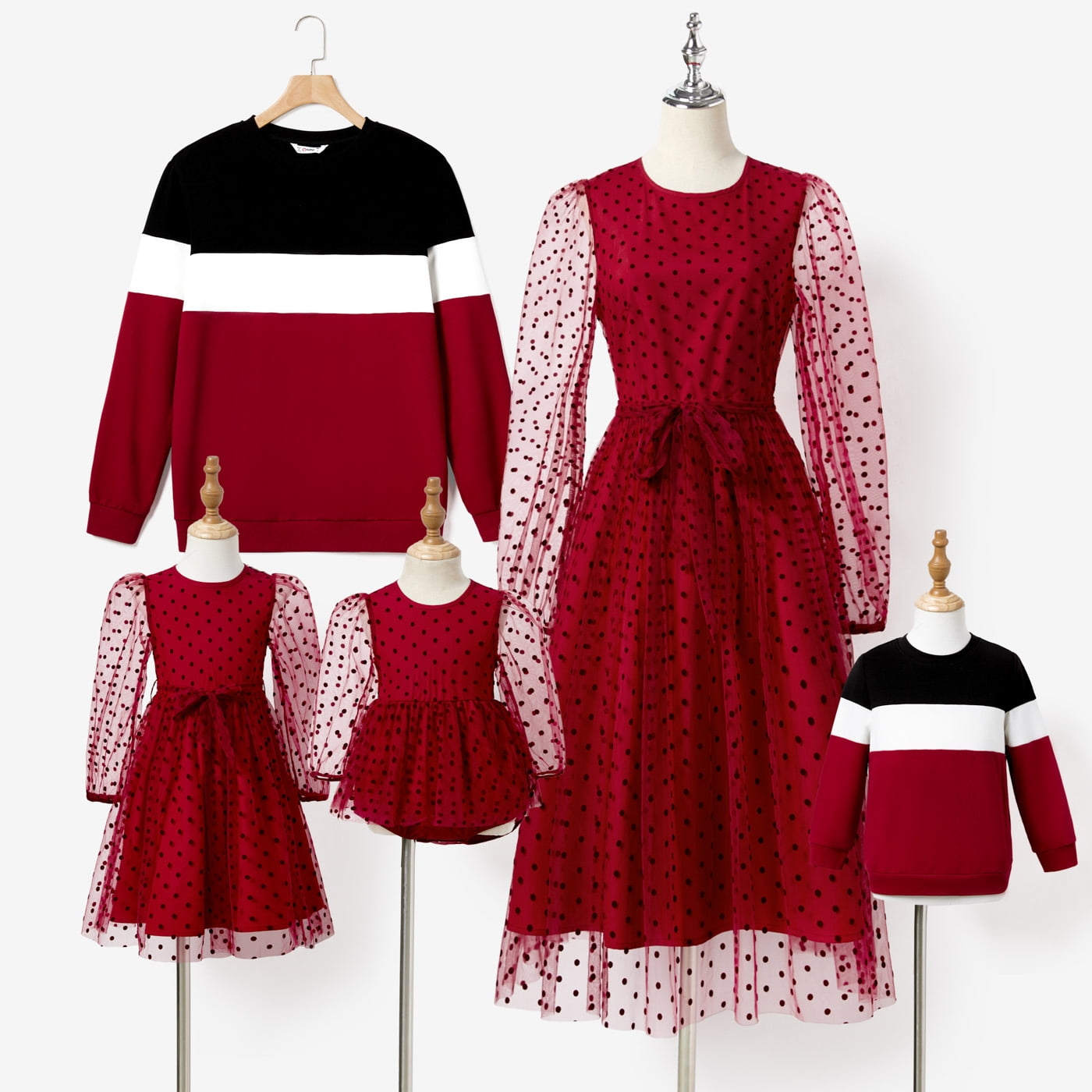 PatPat Family Matching Color-block Tops and Polka Dots Mesh Dresses ...