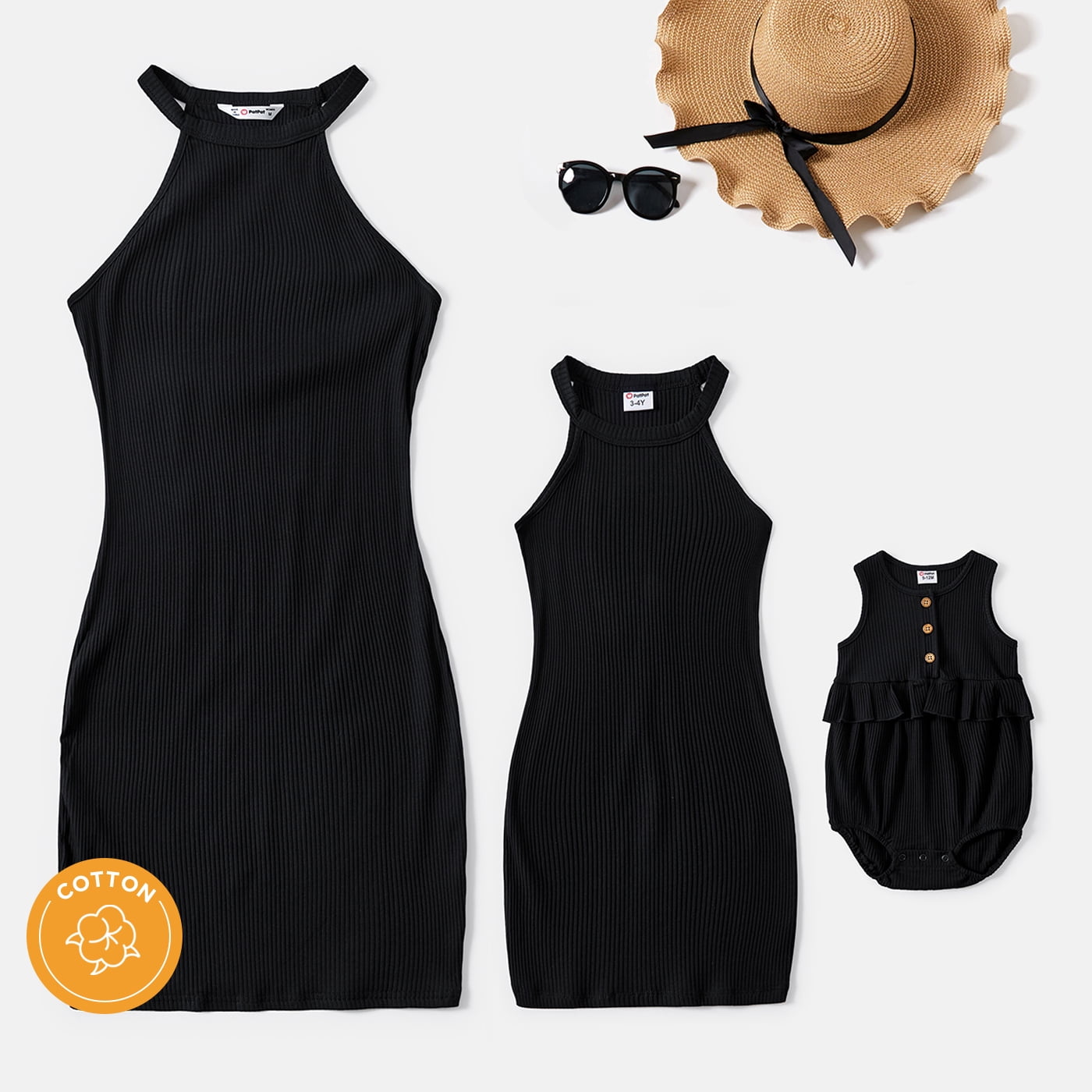 PatPat Family Matching Dresses Black Baby Girl 6-9M Mommy and Me Black Cotton Ribbed Halter ...
