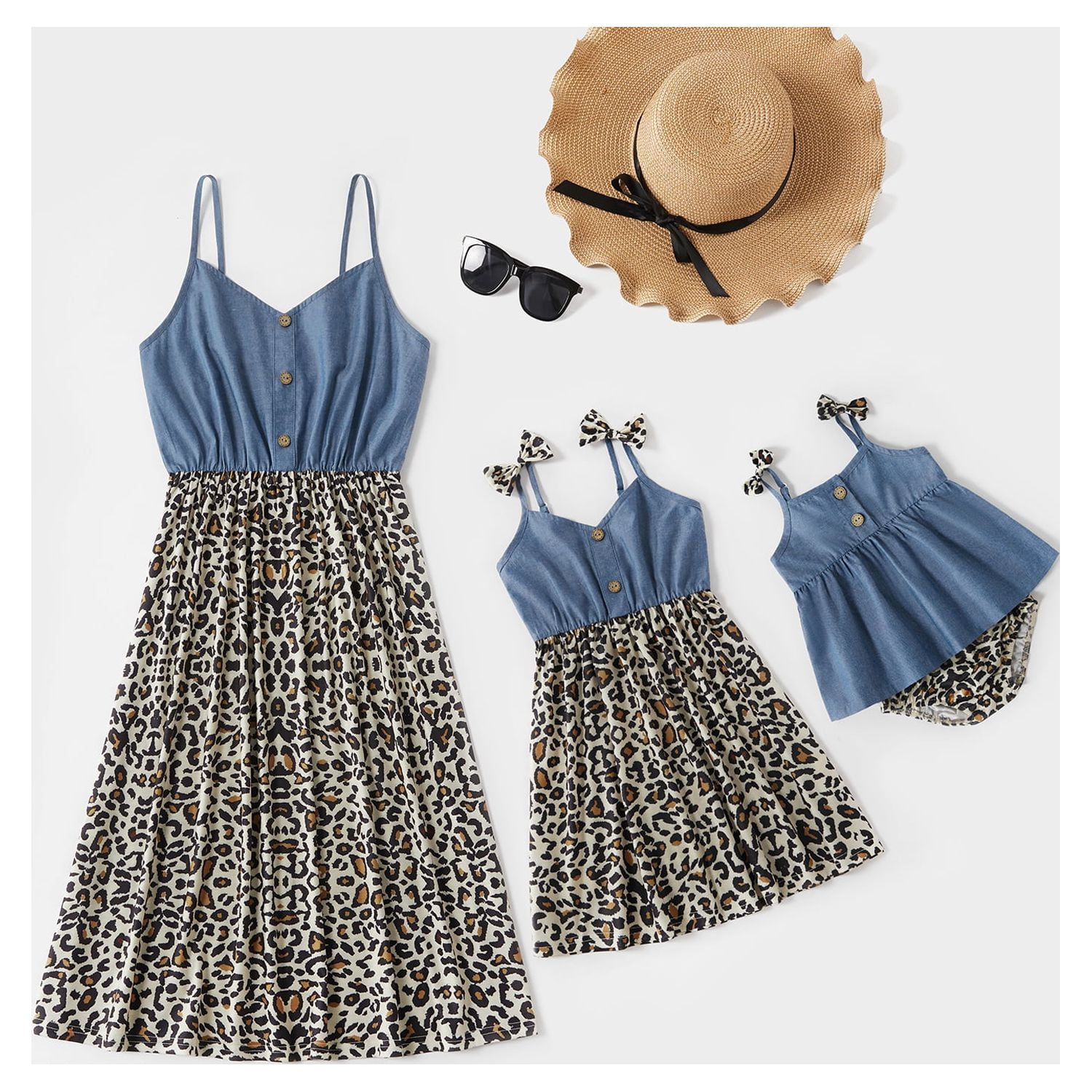 PatPat Family Matching Dresses Blue Toddler Girl 2T Denim and Leopard ...