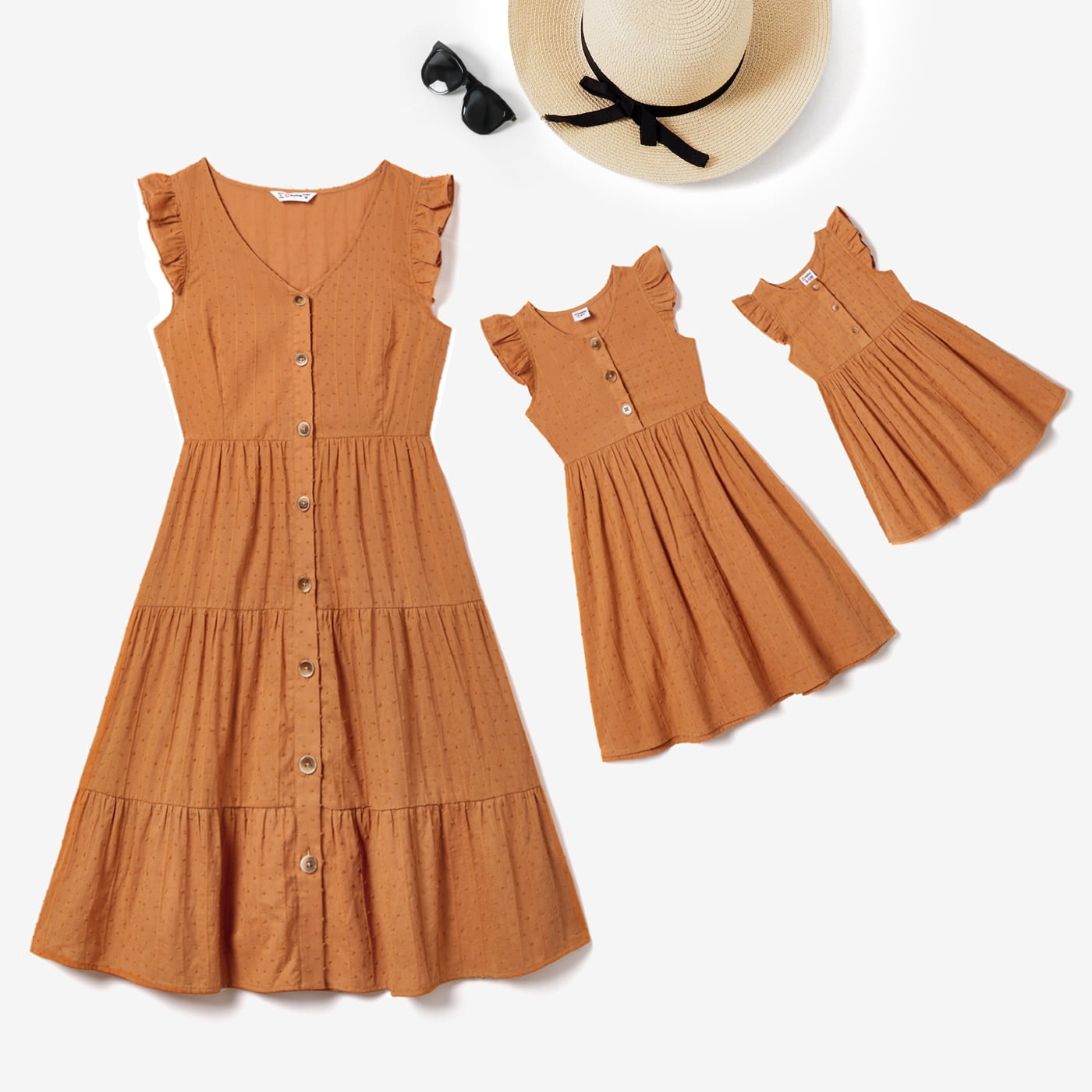 PatPat Family Matching Dresses Brown Baby Girl 6-9M Mommy and Me Flutter Sleeve Brown Cotton ...