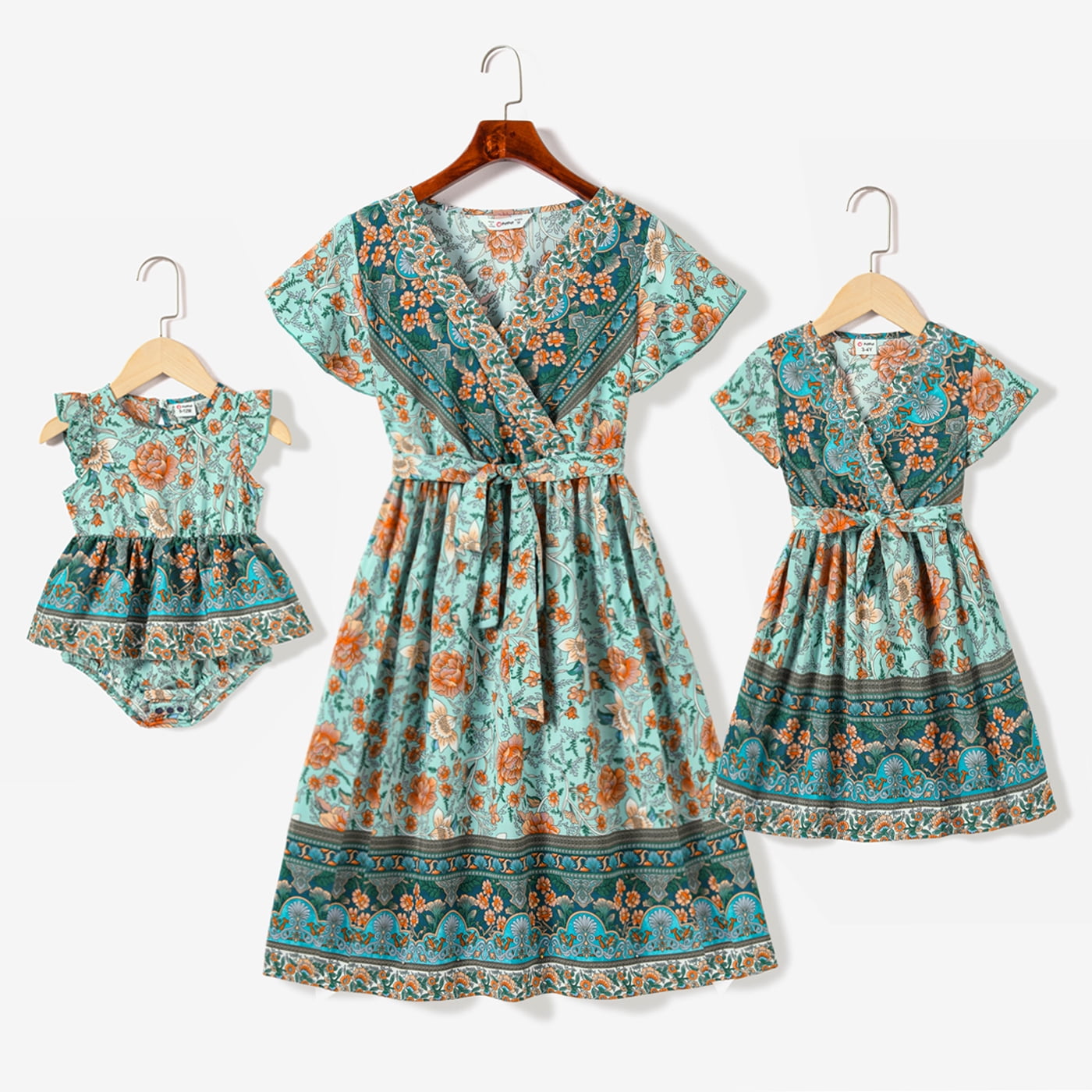 PatPat Family Matching Dresses Green Women S Mommy and Me Allover ...