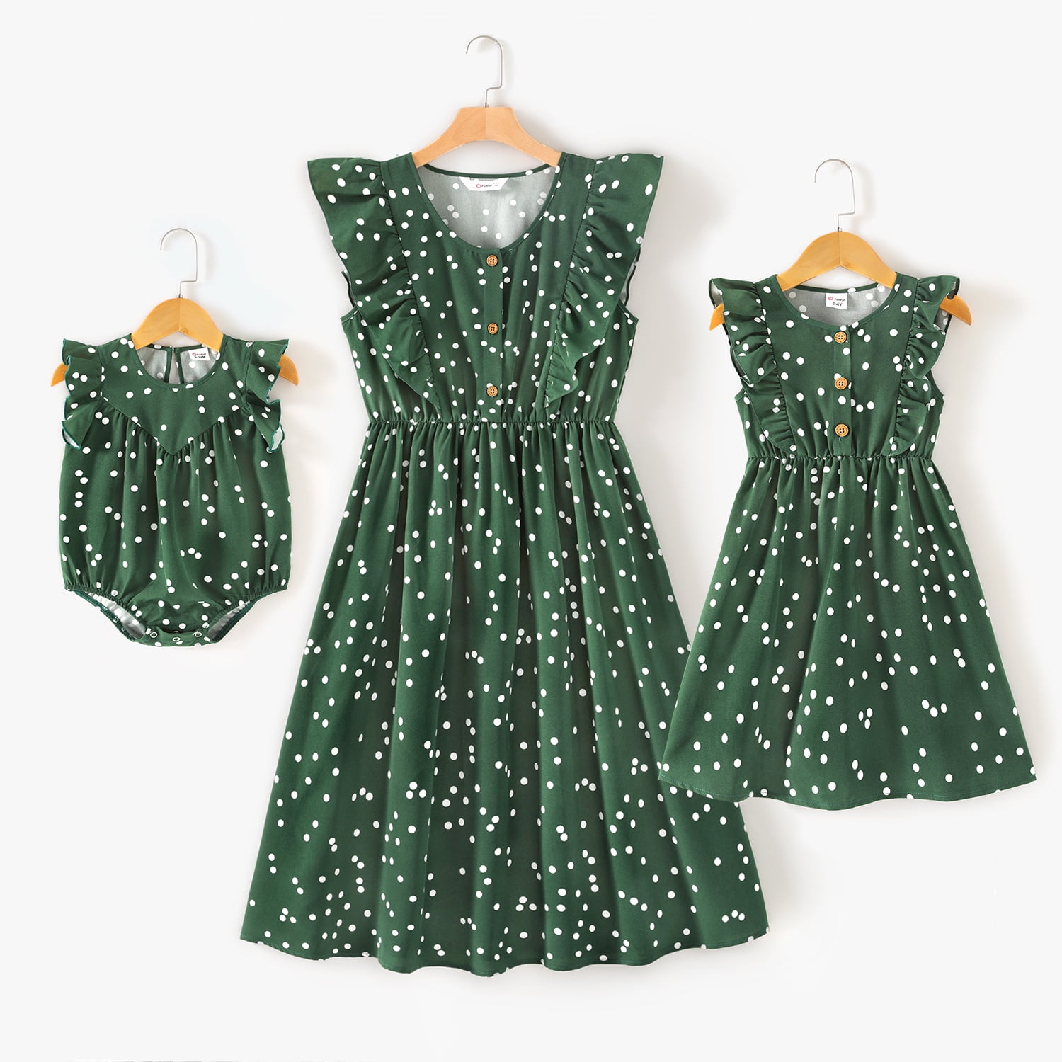 PatPat Family Matching Outfits Mommy and Me Polka Dot Dresses, Green Ruffle Summer Cotton Dress ...