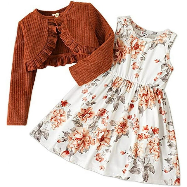 PatPat Floral Girl Dress Toddler Girl Clothes 2pcs Kid Sleeveless Dress and Long Sleeve Ruffled ...