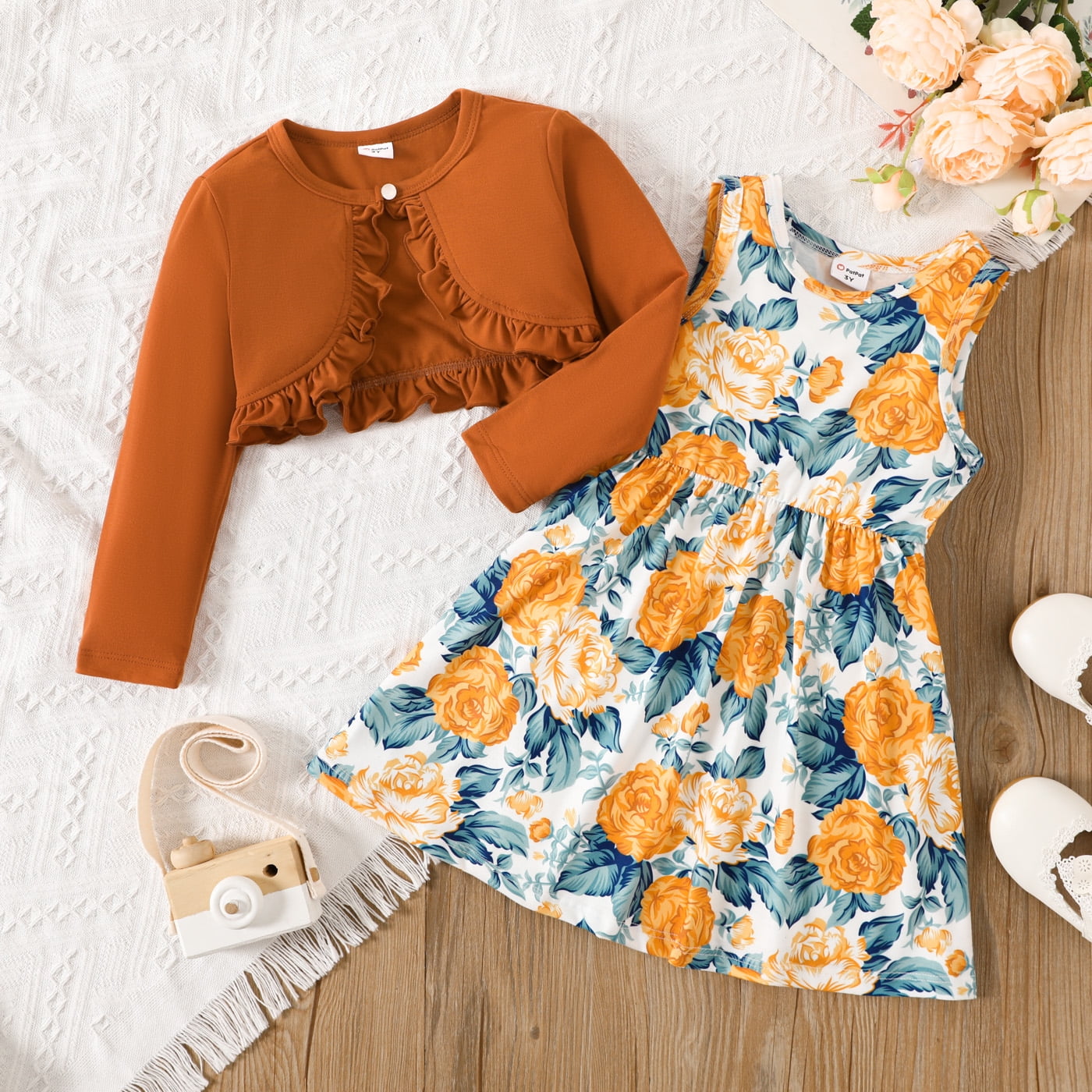 PatPat Floral Girl Dress Toddler Girl Clothes 2pcs Kid Sleeveless Dress and Long Sleeve Ruffled ...