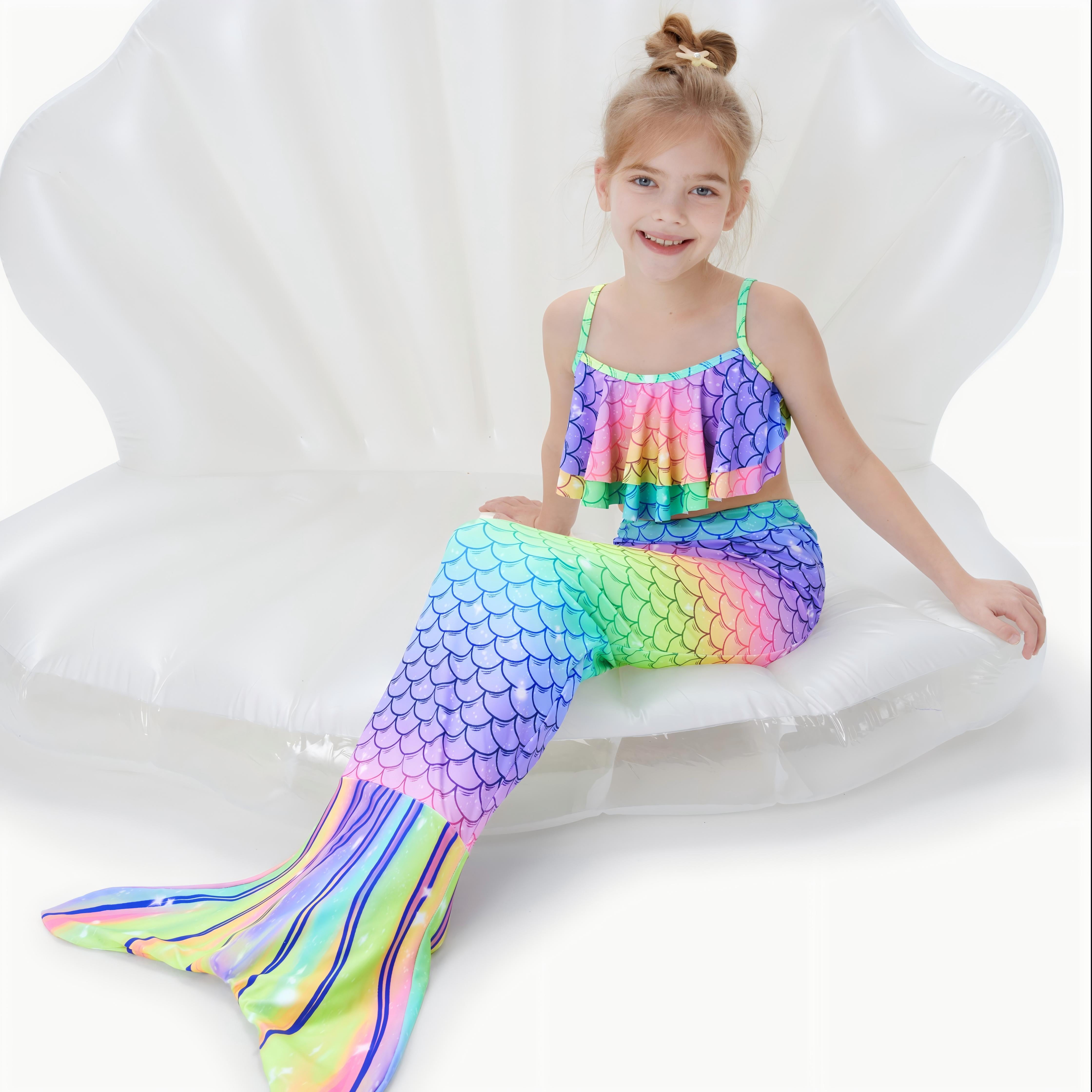 PatPat Girls Bikinis Set Ruffled Top and Bottom and Mermaid Tail 3 ...