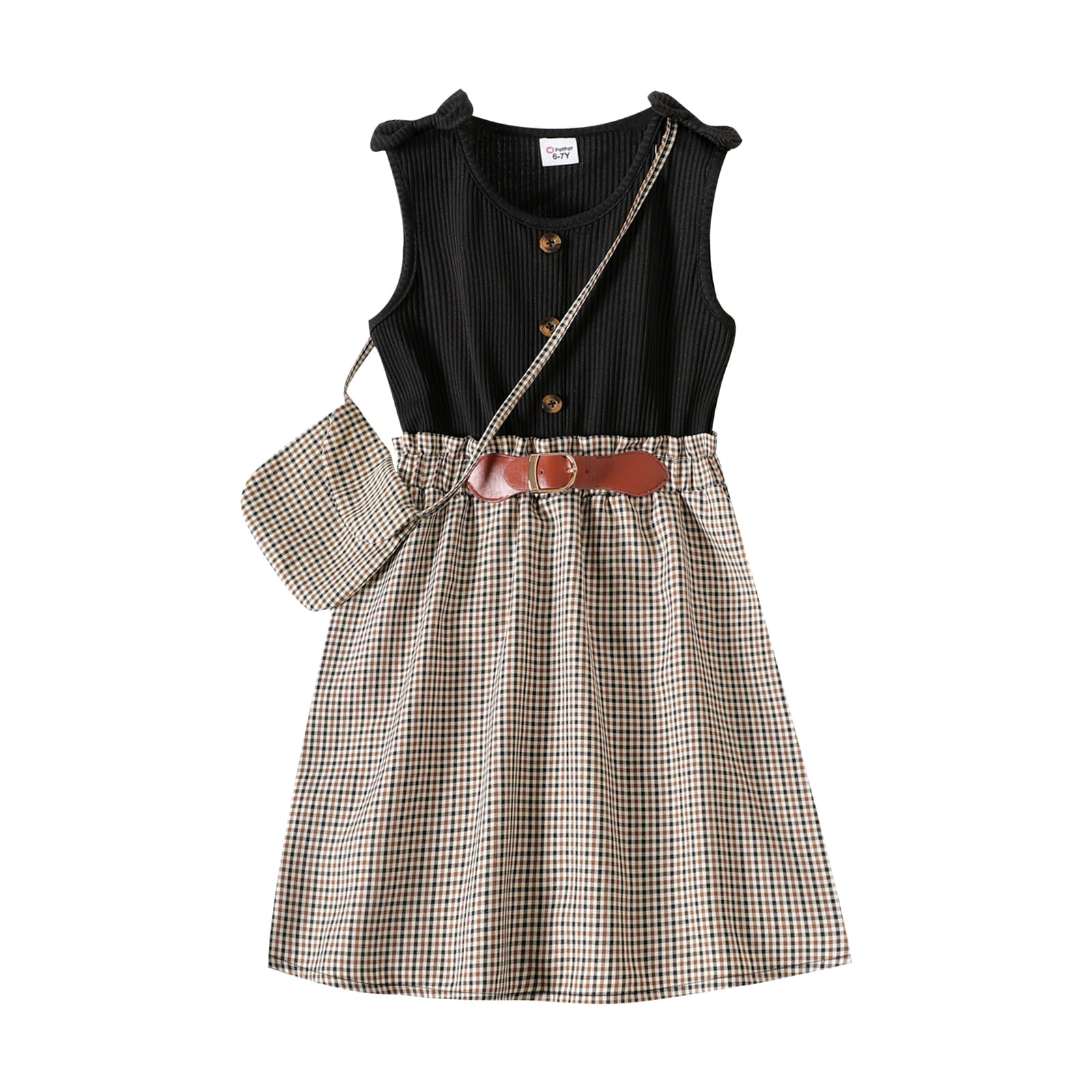 PatPat Girls Dress Plaid Ribbed Button Sleeveless Princess Dress with ...