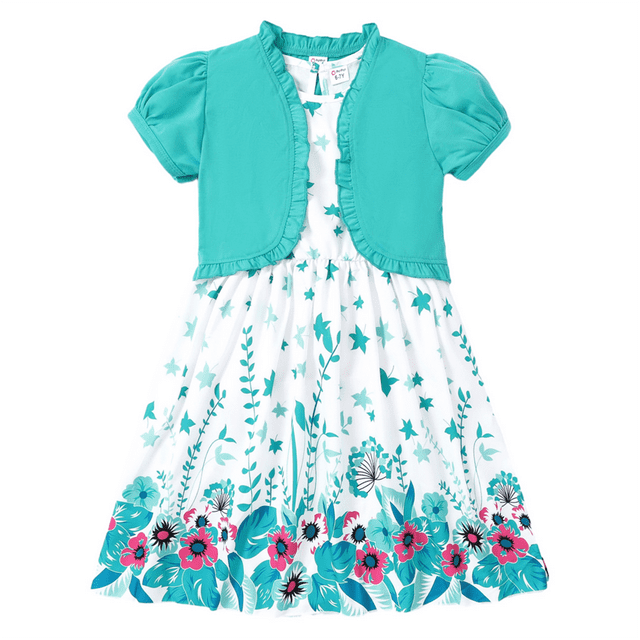 PatPat Girls Dresses Floral Dress Ruffled Short Sleeve Cardigan 2 Pieces Outfits Set Sizes 5-12 ...