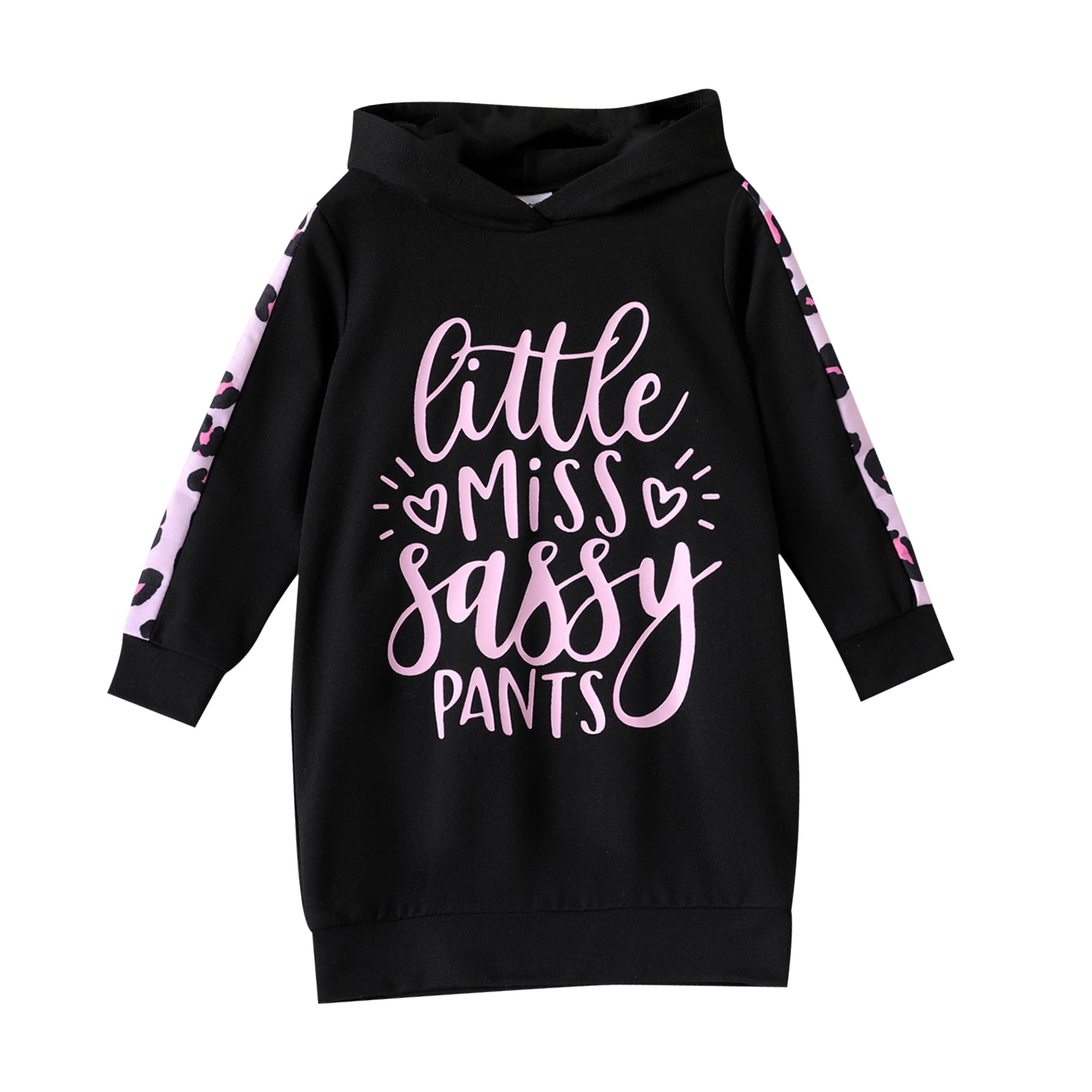 PatPat Girls Dresses Pullover Fleece Letter & Leopard Print Black ...