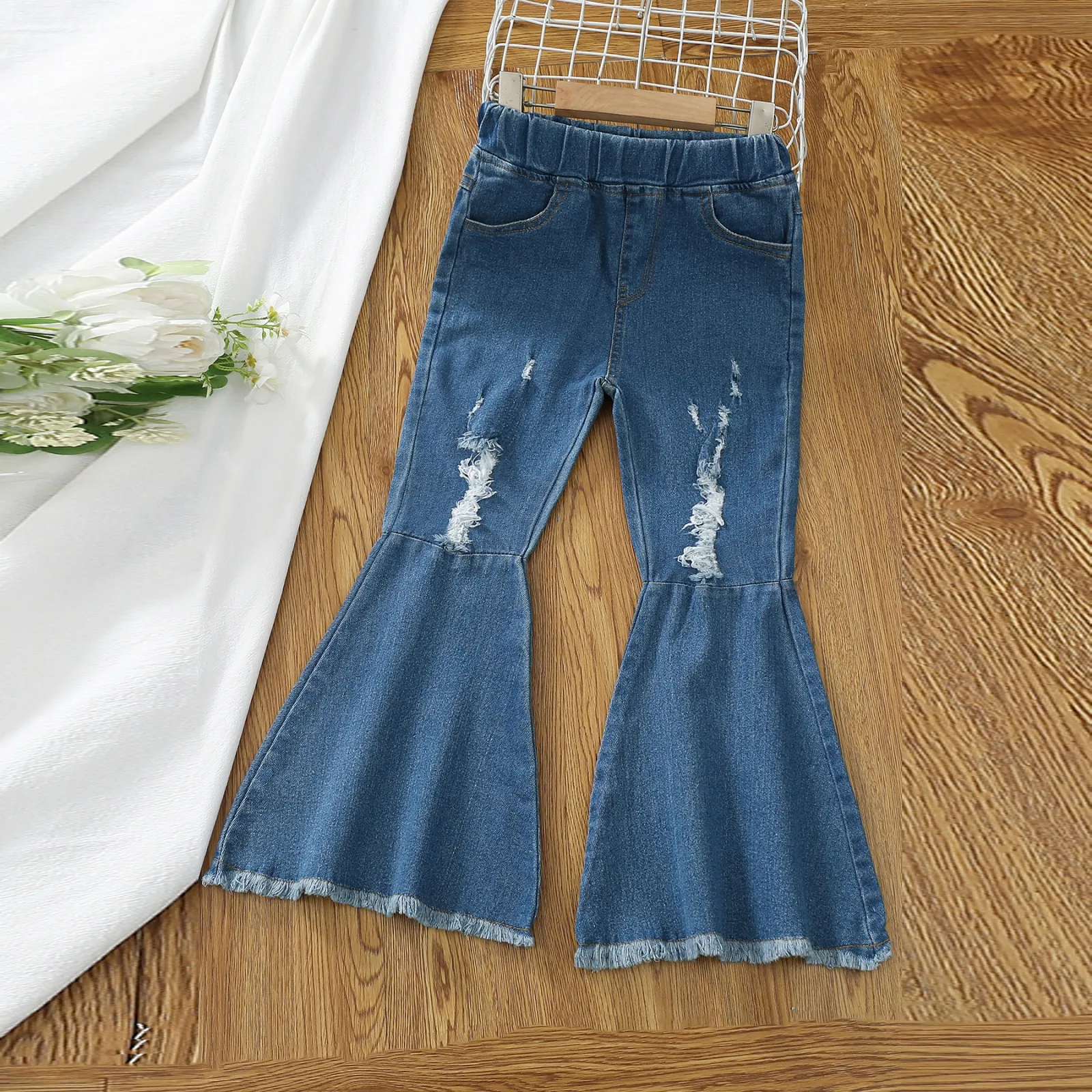 PatPat Girls Jeans Ripped Raw Hem Cotton Flare Pants Sizes 5-13 ...