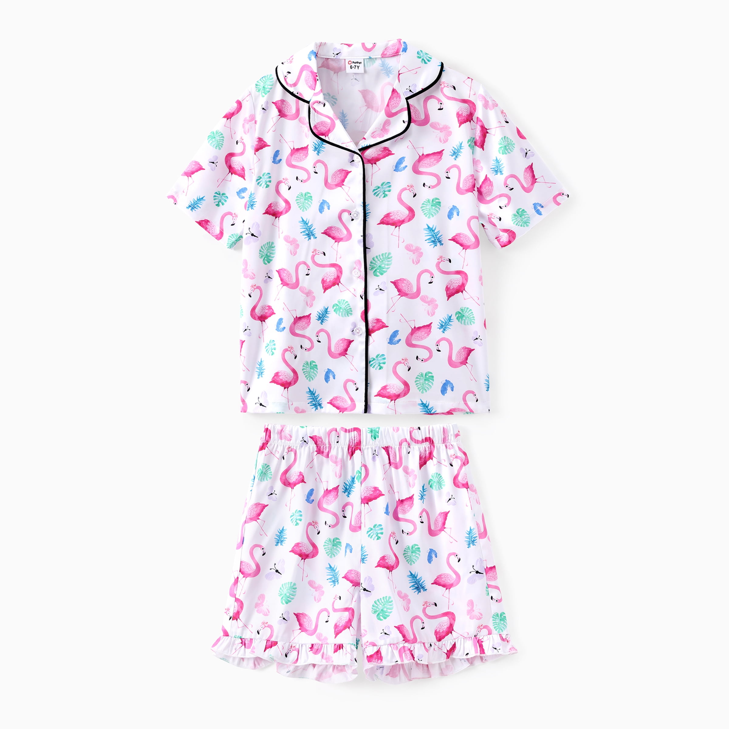 PatPat Girls Pajamas Button Down Collared Top and Ruffled Shorts Pajama ...