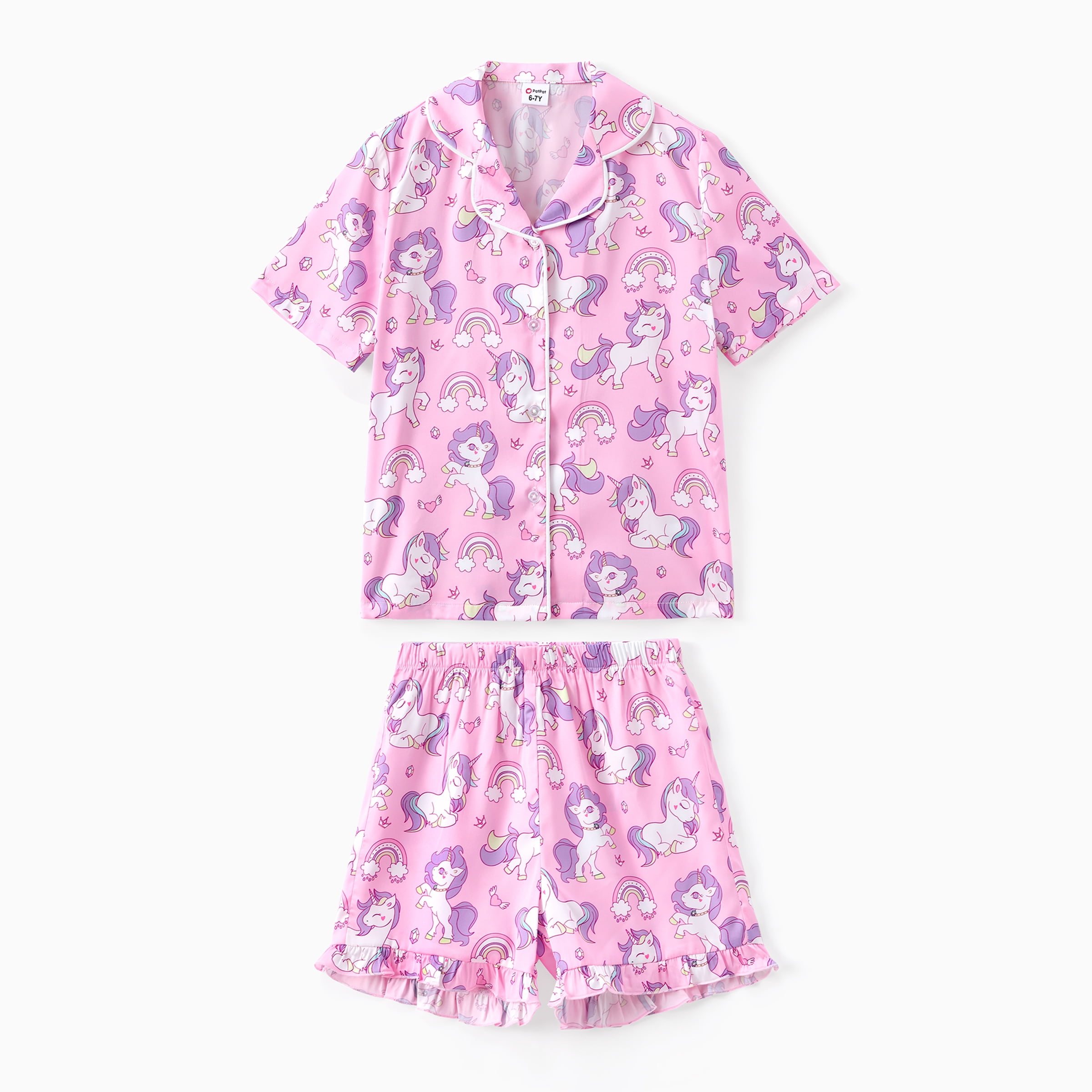 PatPat Girls Pajamas Button Down Collared Top and Ruffled Shorts Pajama ...