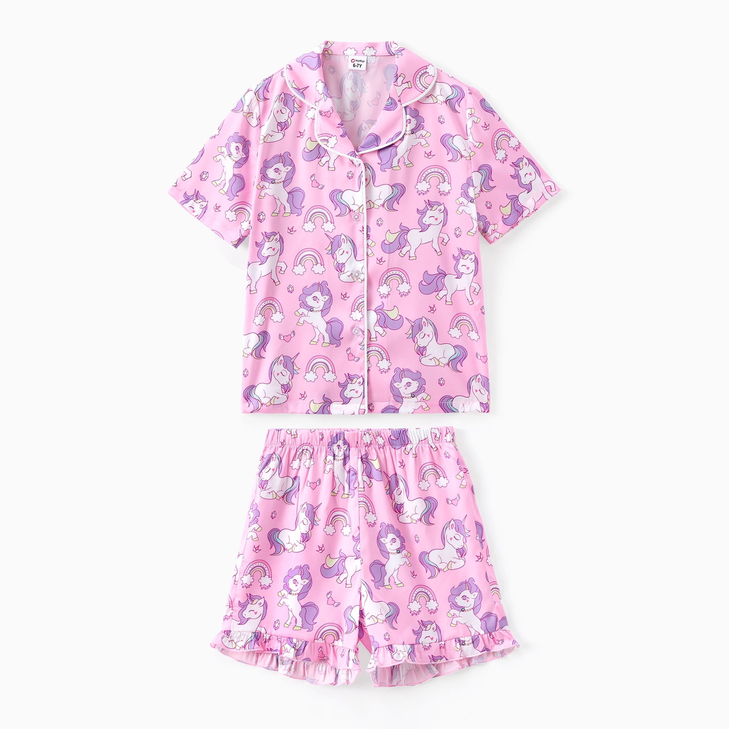 PatPat Girls Pajamas Button Down Collared Top and Ruffled Shorts Pajama ...