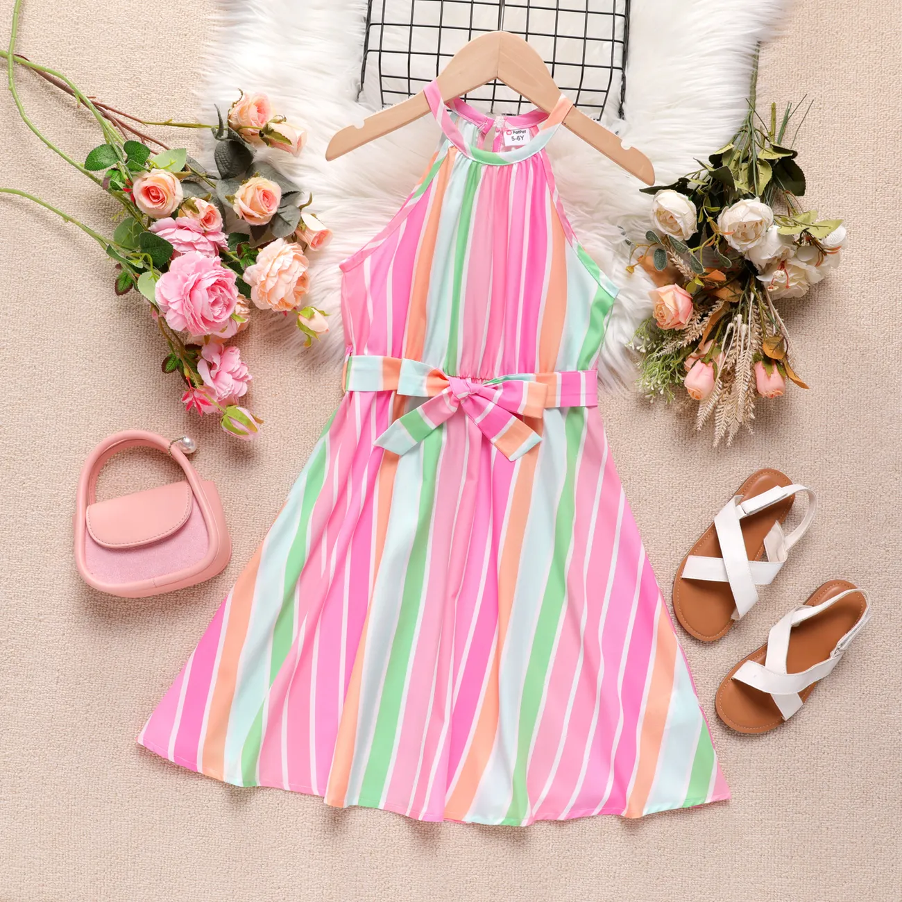 PatPat Girls Summer Dresses Kids Stripe Belted Halter Neck Cold ...