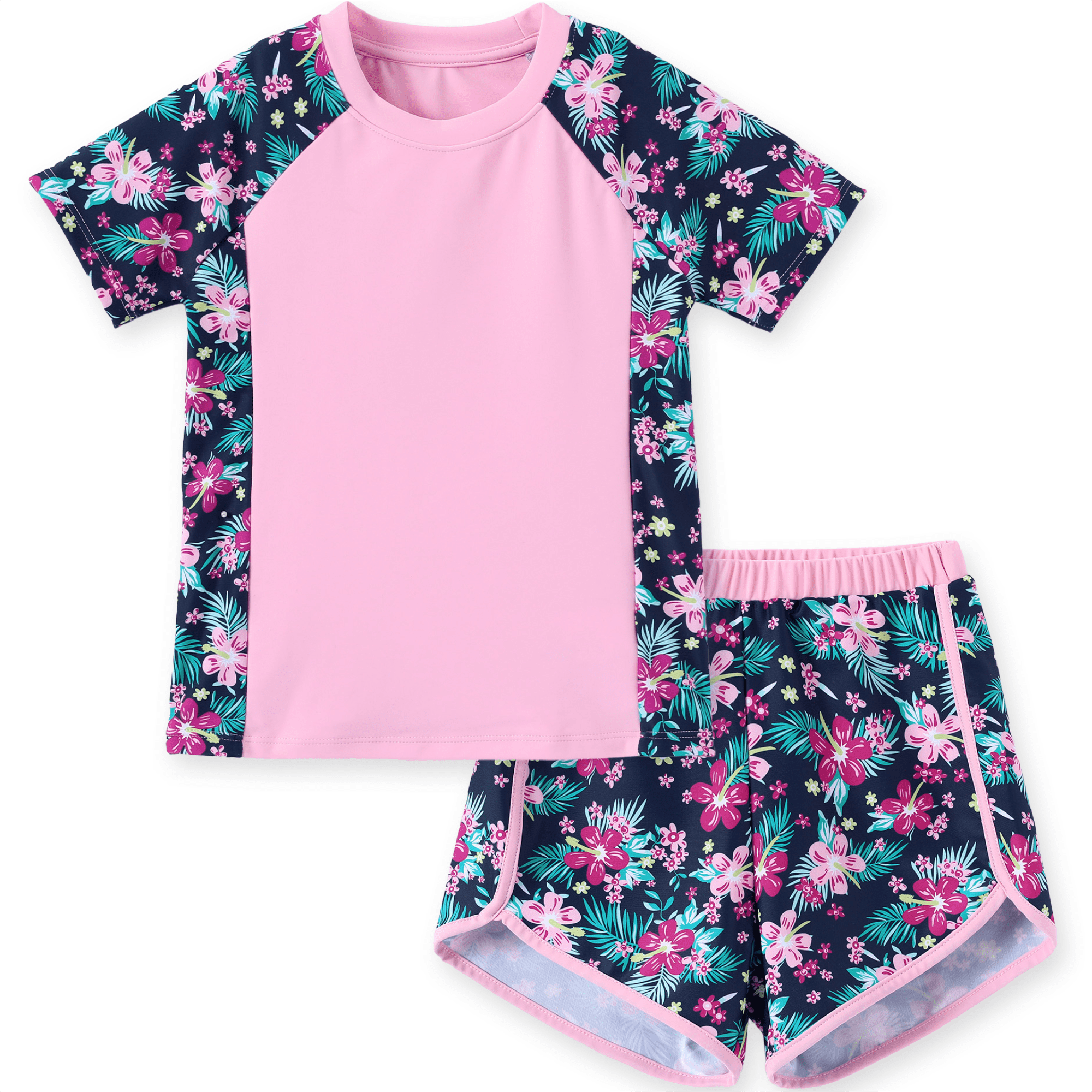 PatPat Girls Swimsuit Short Sleeve Rash Guard Floral Print Two Piece ...