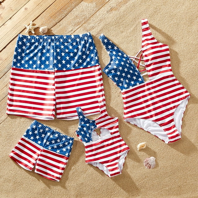 PatPat Girls Swimsuits Stripe Starts Independence Day Outfits One Piece ...