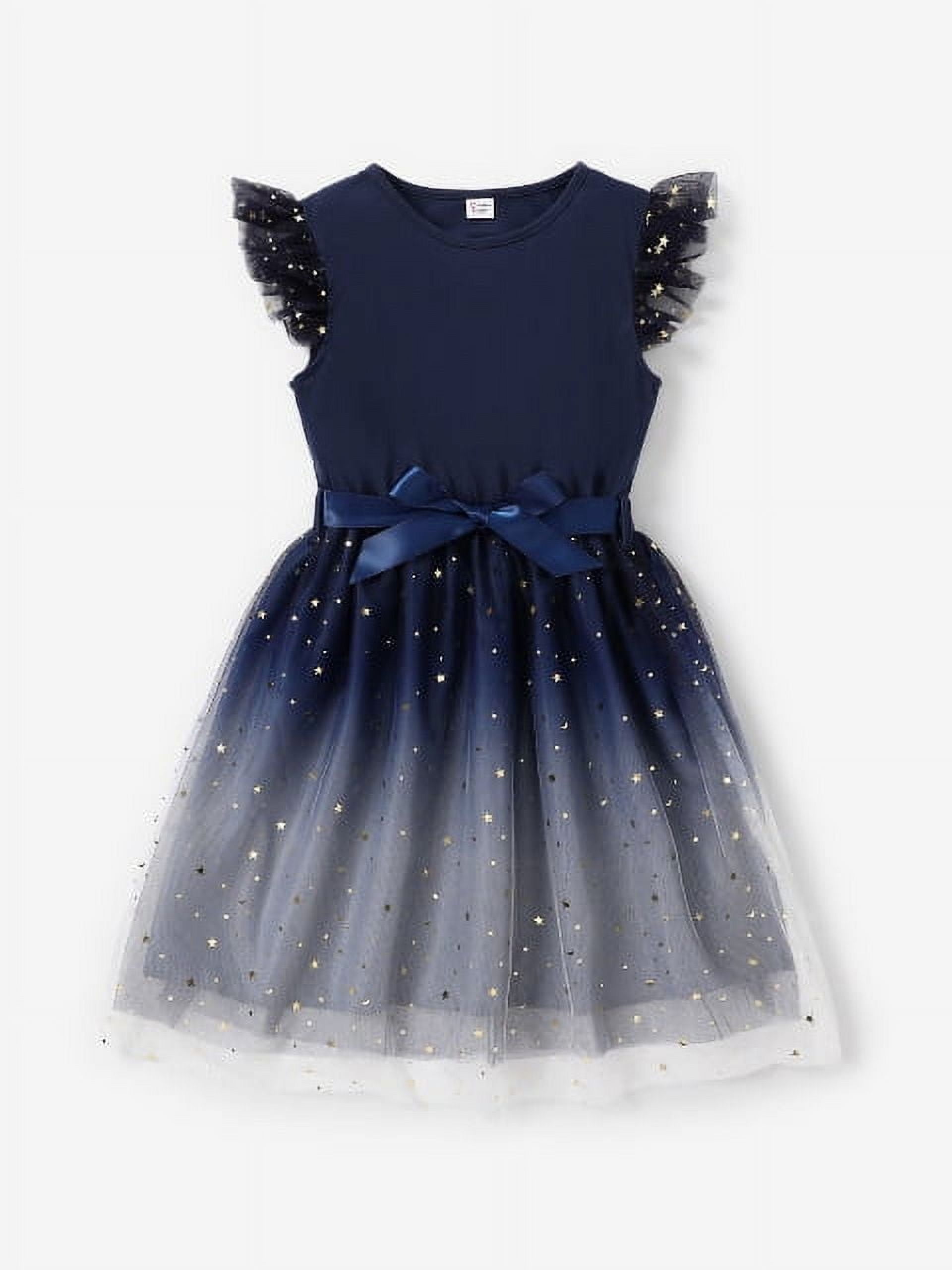 PatPat Kid Girl Glitter Dress Star Flutter-sleeve Belted Casual Tunic ...