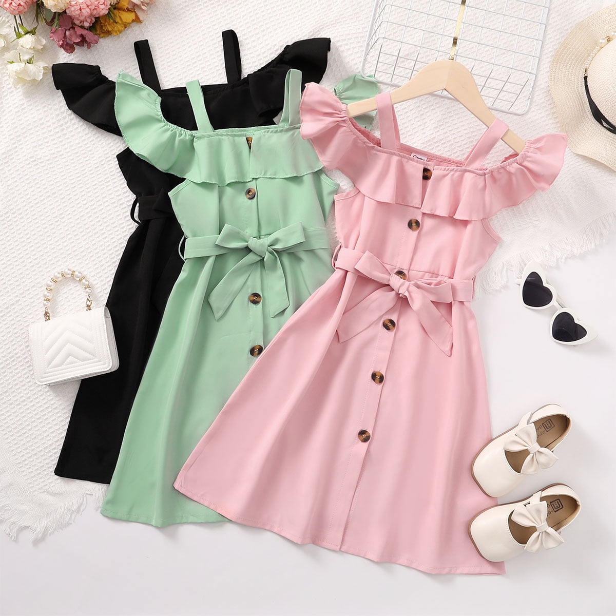 PatPat Kid Girl Solid Color Flounce Off Shoulder Belted Dress - Walmart.com