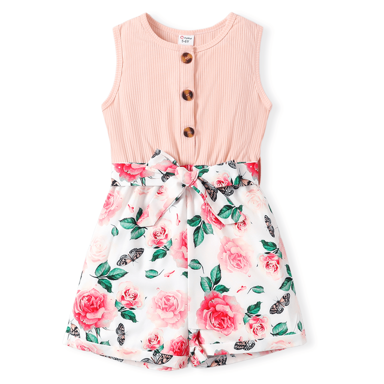 PatPat Kid Girl Summer Sleeveless Floral Romper, Button Design, 100% ...