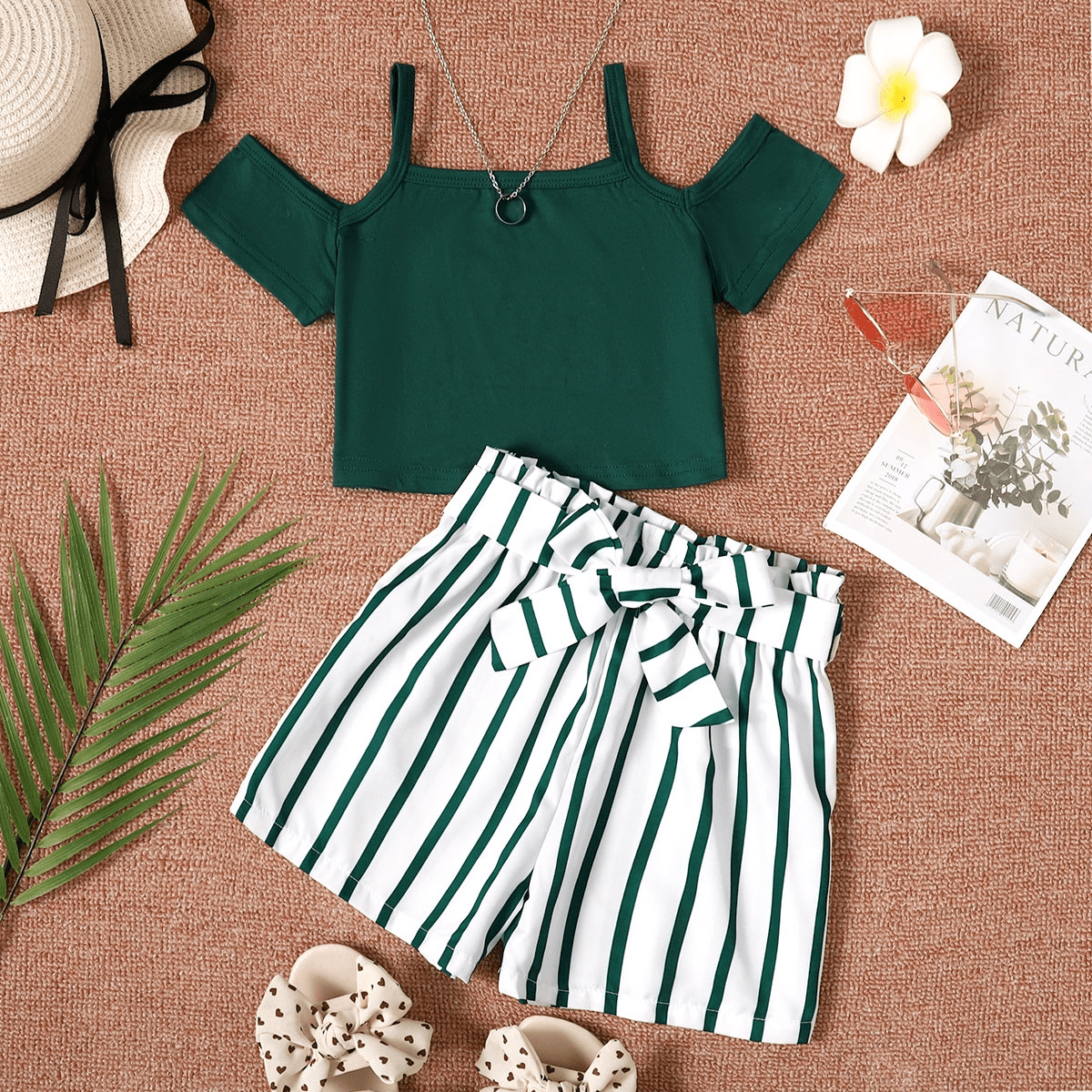 PatPat Kid Girls Cold Shoulder Camisole with Belted Stripe Shorts 2 ...