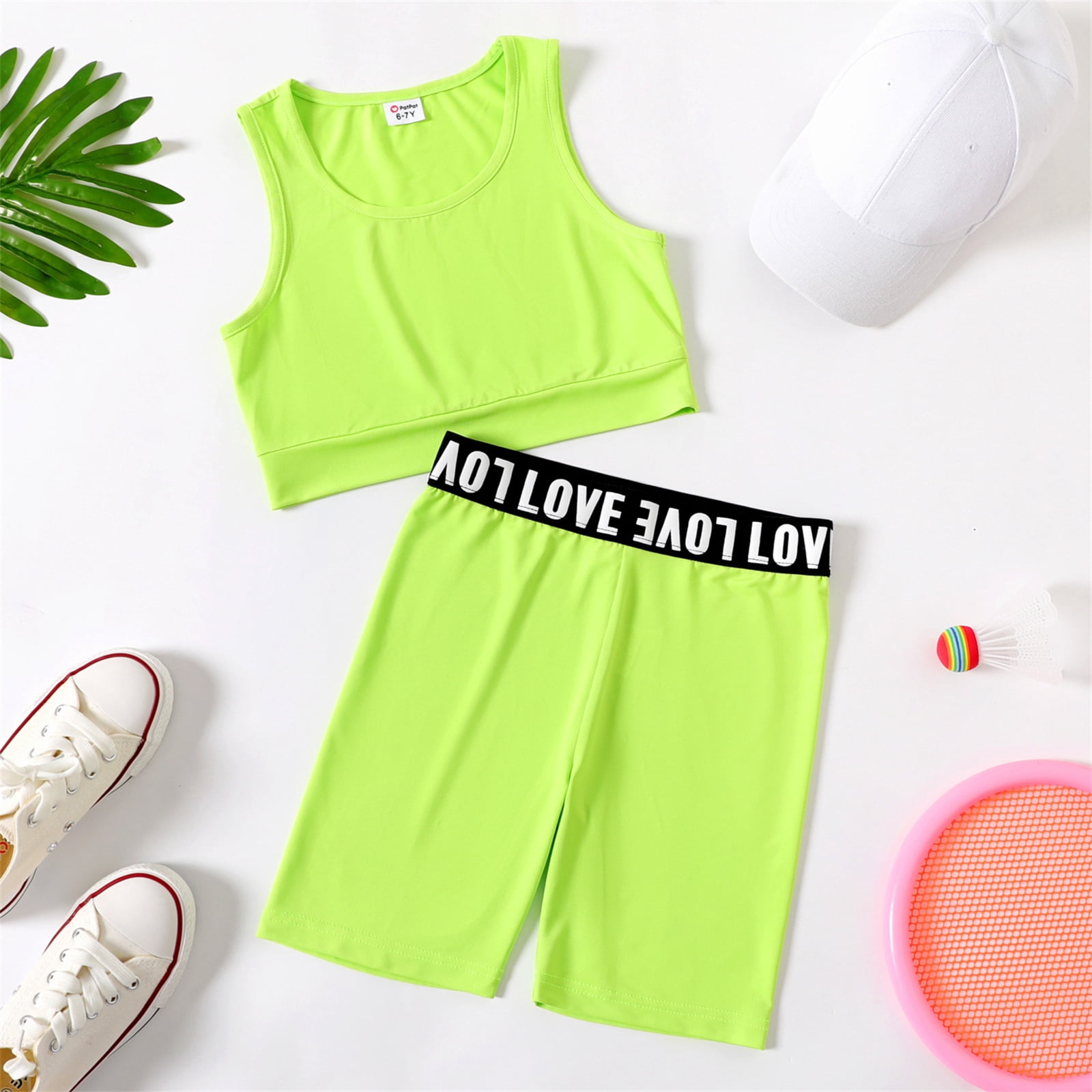 PatPat Kid Girls Outfits Set Solid Crop Top with Letter Print Bike ...