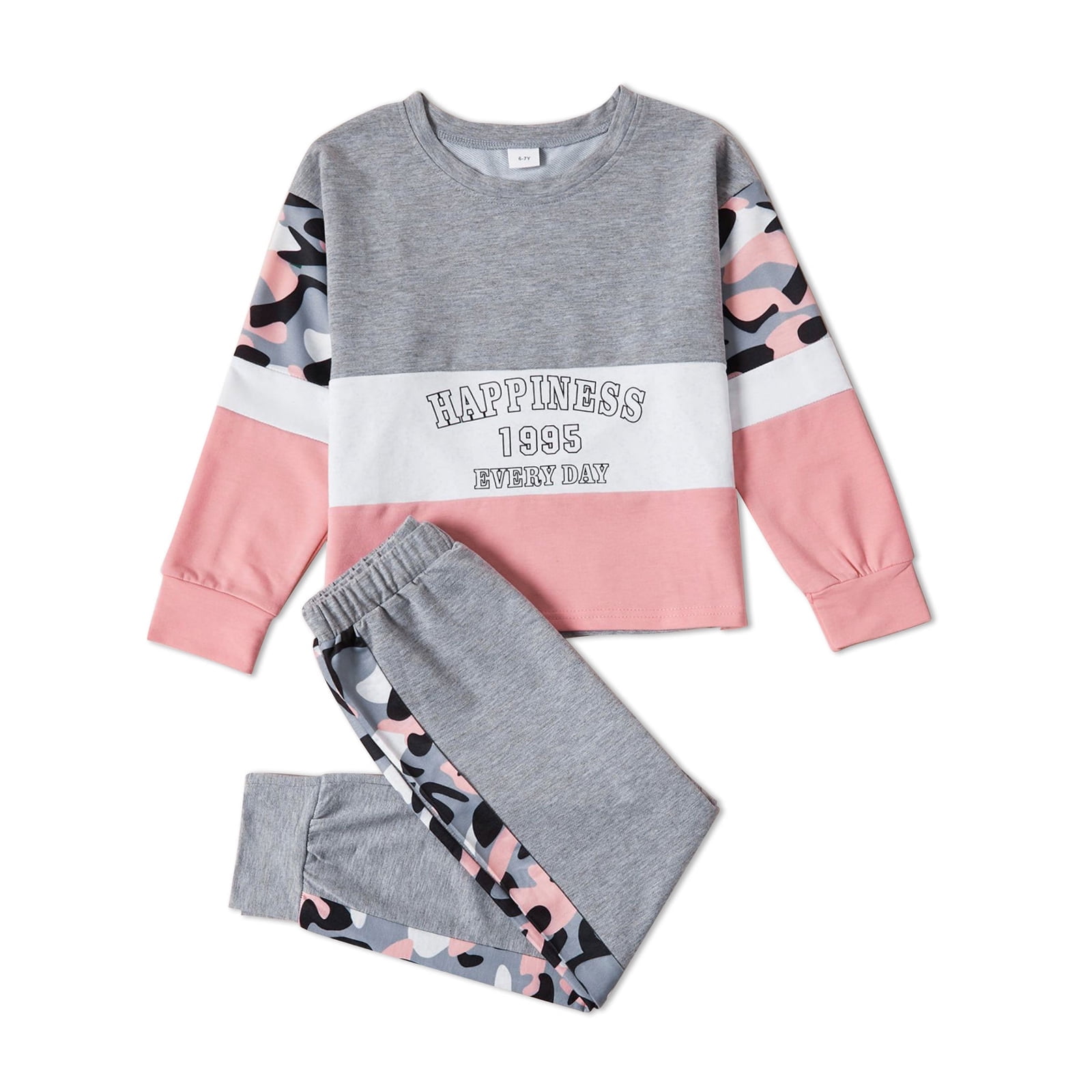 PatPat Kid Girls Pullover Printed Colorblock Sweatshirt and Joggers Set ...