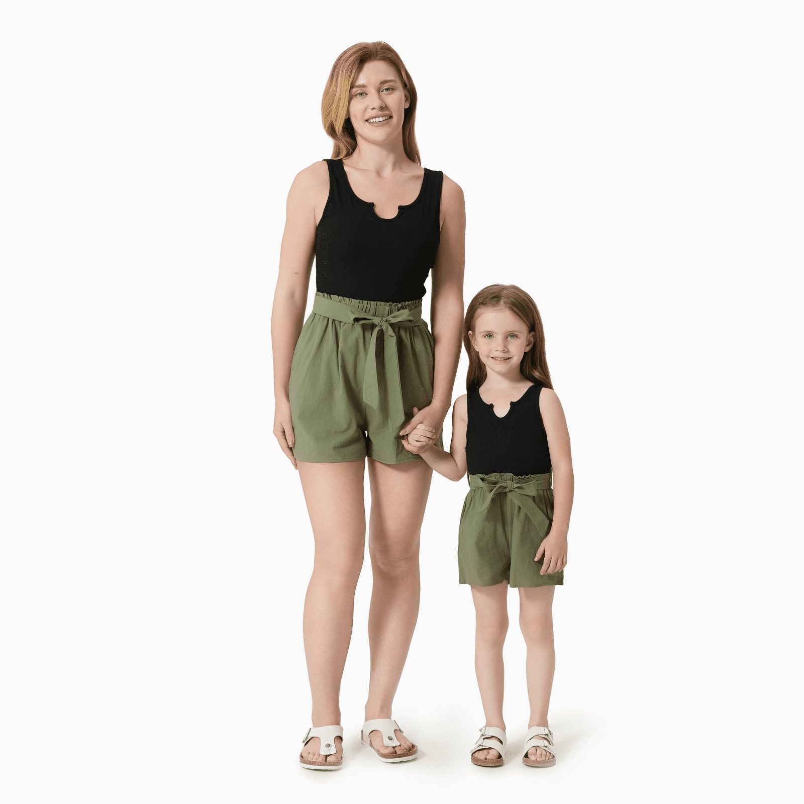 PatPat Mother's Day 100% Cotton Ribbed and Solid Splicing Sleeveless Belted Romper for Mom and ...