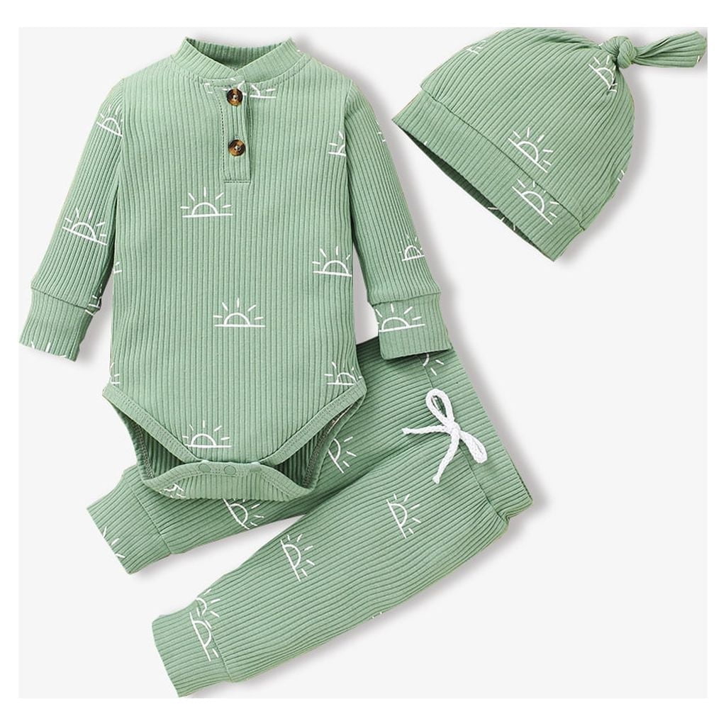 PatPat Newborn Baby Pajamas Boy Girl Cotton Ribbed Romper, Pants & Cap ...