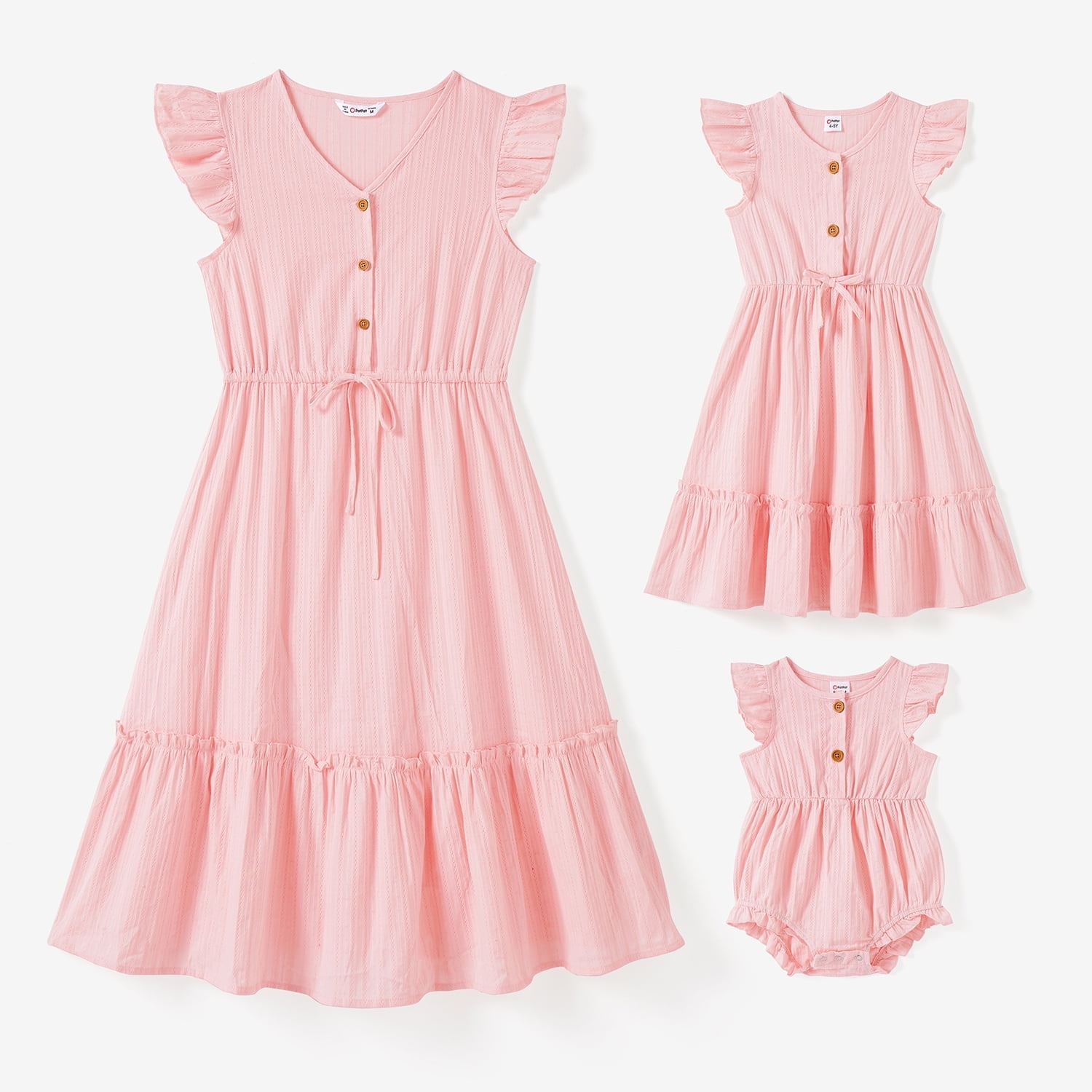 PatPat Pink Dresses Mommy and Me Solid Color Button Cotton V-neck Tiered Dress,Baby Girl Romper ...