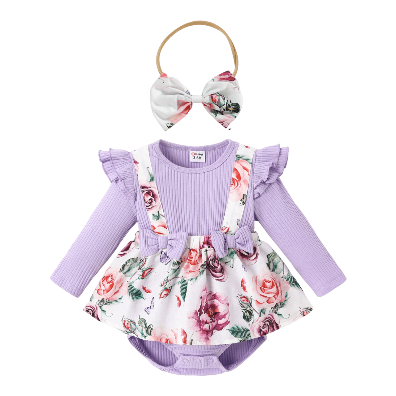PatPat Ribbed Floral Baby Romper Dress Long Sleeve,Long Sleeve ...