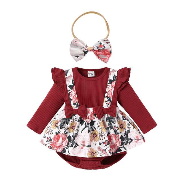 PatPat Ribbed Floral Baby Romper Dress Long Sleeve,Long Sleeve Bodysuits Infant Jumpsuit Clothes ...