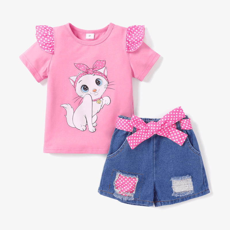 PatPat Summer Girls Clothes 2pcs Toddler Girl Childlike Cat Pattern Flutter Sleeve Tee and Denim ...