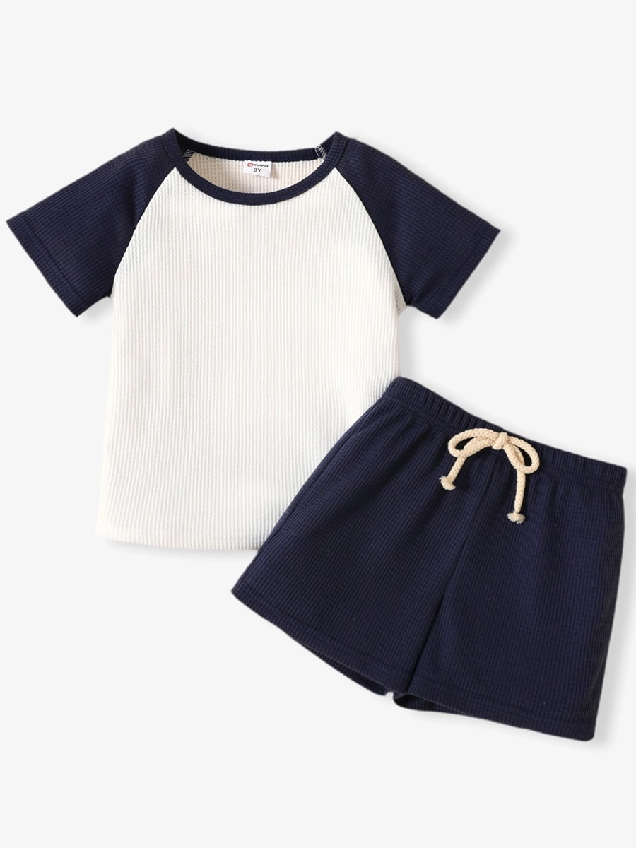 PatPat Toddler Boys 2-Piece Outfit Set, Waffle Color Block Raglan Tee ...