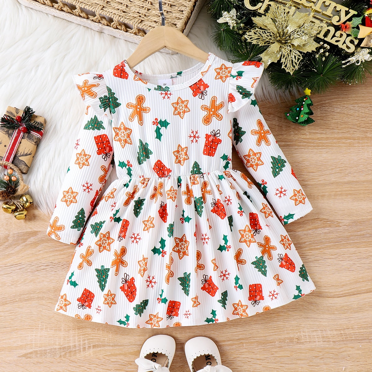 PatPat Toddler Girl Childlike Christmas Flutter Sleeve Dress, Multi ...